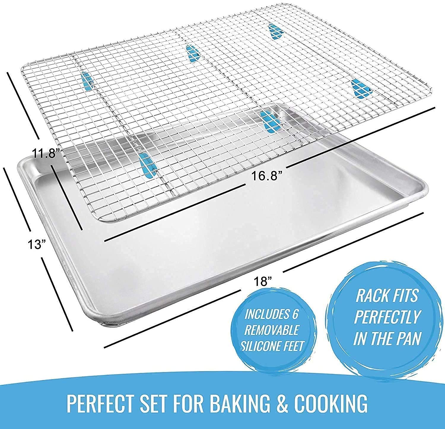 KPKitchen Baking Sheet & Rack Set and 4-Piece Liquid Measuring Cups Set - Aluminum Pan (18” x 13”) + Stainless Cooling Rack (16.8” x 11.8”) - Includes Mini Ounce, 1, 2 and 4 Plastic Measuring Cup Size