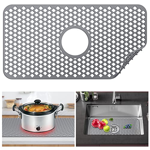 Kitchen Sink Mats, FALALA Sink Protectors for Kitchen Sink, Non-slip Silicone Sink Mats for Bottom of Farmhouse Stainless Steel Porcelain Sink Center Drain (24.8"x 13",Grey)