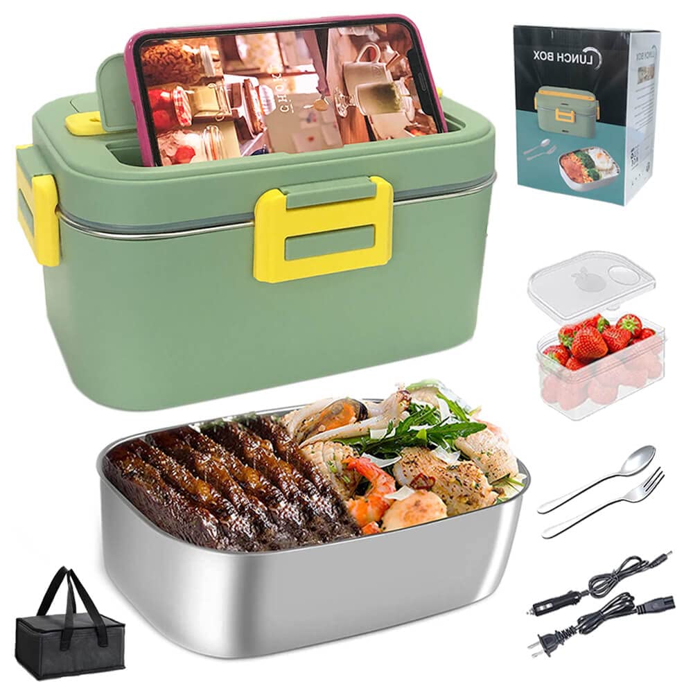 Generic 1.8L Electric Lunch Box Food Heater, 3-in-1 Portable Leak-proof Food Warmer Lunch Box for Car/Truck/Home, with Fork & Spoon, 75W Fast Heating, Safe Material, Easy to Clean