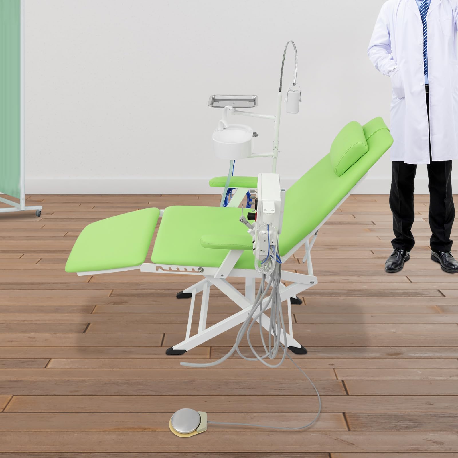 KUMOYOU Portable Folding Den tal Patient Chair, Foldable Freestanding Patient Chairs with 360° Rotating LED Lamp & Tray & Spittoon, Den tal Bed for Hospitals Clinics