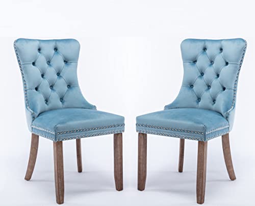 Winwee Set of 2 Dining Chairs Leisure Padded Chair, Tufted Solid Wood Velvet Upholstered Dining Chair with Nailhead Trim& Ring Pull for Kitchen, Living Room (Light Blue)