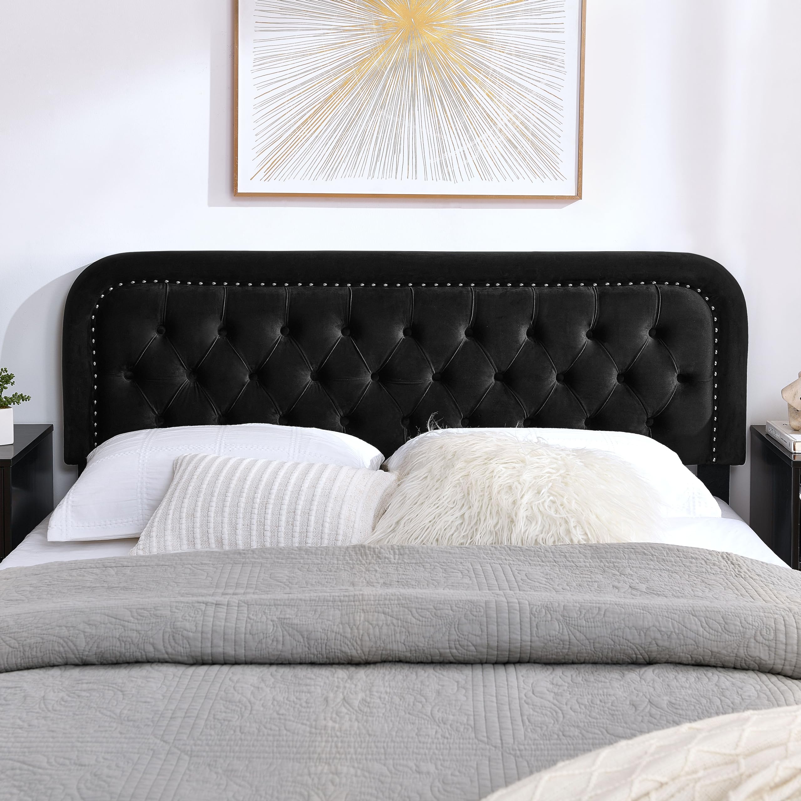 Niccae Velvet Soft Cushion Tufted Button Headboard, Modern Minimalist Rectangular Velvet Mattress Headboard, Filled with High-Density Sponge Cushion Backrest (F Black)