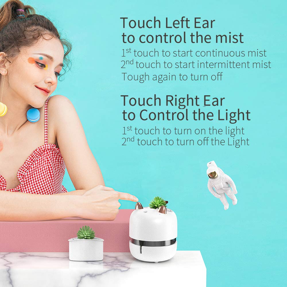 DCMEKA Desk Humidifier, Top Fill Cool Mist Humidifier ,Ear Touch Control USB Personal mini Humidifiers for Baby Bedroom Office Home with Night Light,Auto Shut-Off (Artificial Plants Include)