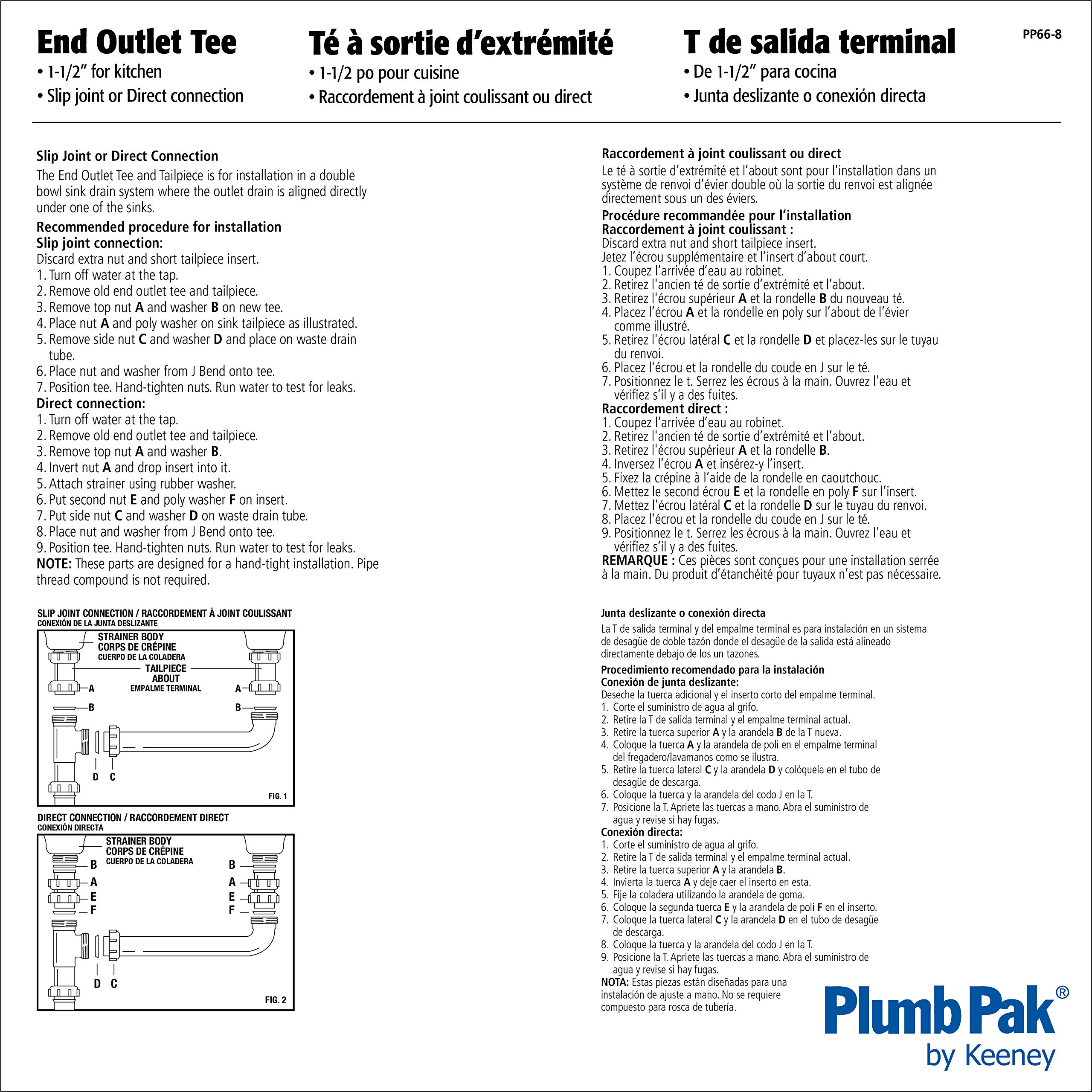 Plumb Pak PP66-8W Master End Outlet Tee And Tailpiece With Baffle, 1-1/2 In, Slip/Direct, Plastic, No Size, White