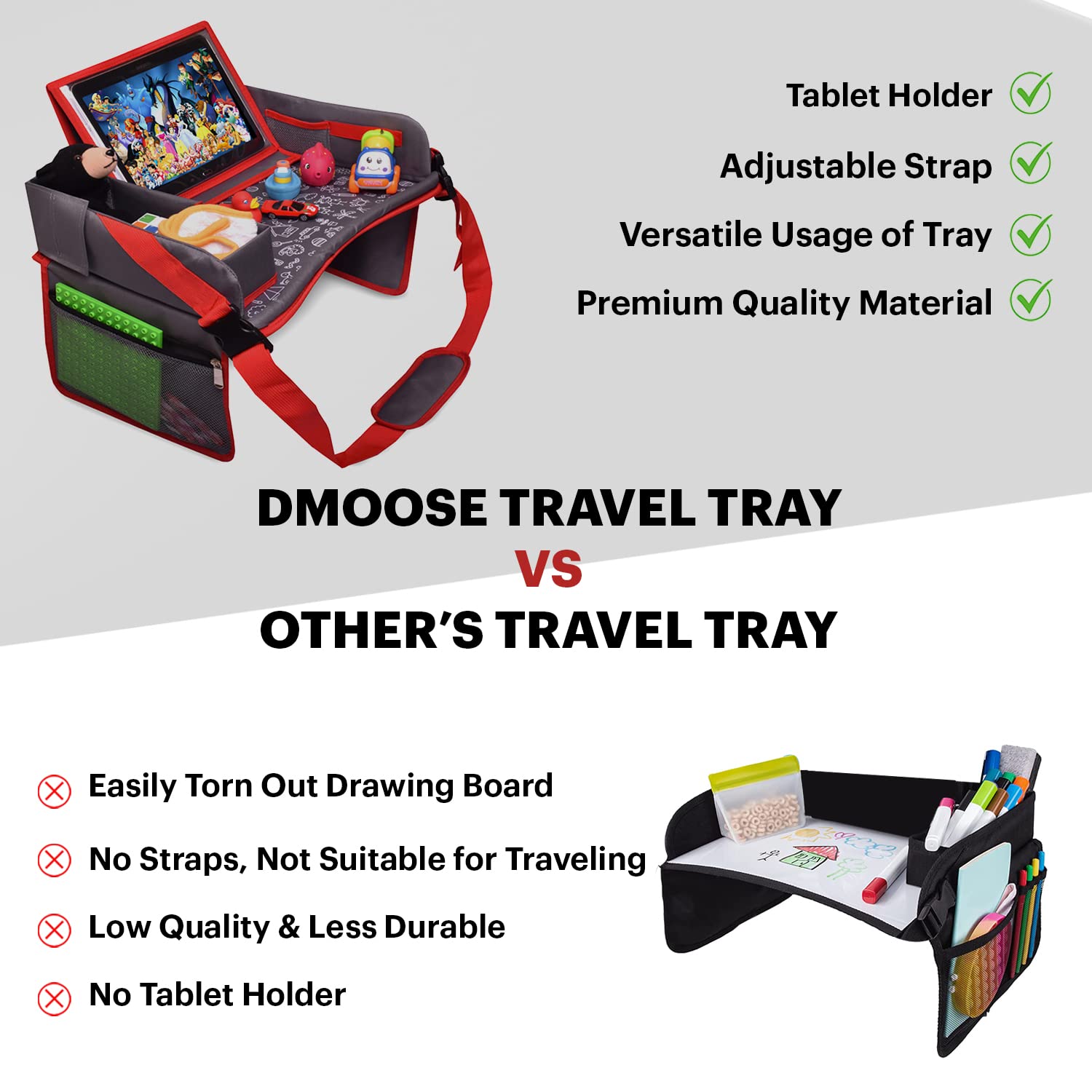 DMoose Kids Travel Tray, Toddler Car Seat Lap Activity Tray with Padded Comfort Base, Side Walls, Mesh Snack Pockets, Tablet Holder, Waterproof Car Seat, Stroller, Learn Area (Grey)