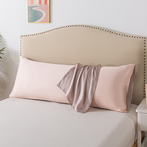 Household Body Size 20"*54" Luxury Envelope Pillowcase, Ultra-Soft Cool Feeling and Smooth Silk Pillow Cover for Hair and Skin (Body Size, Light Pink and Light Brown)