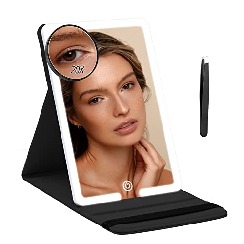 RRtide Travel Mirror with Light, PU Leather Makeup Mirror with 20X Magnifying Round Mirror, 3 Color Modes 1500mAh Battery Rechargeable LED Lighted Vanity Cosmetic Mirror of 8X5.5inch
