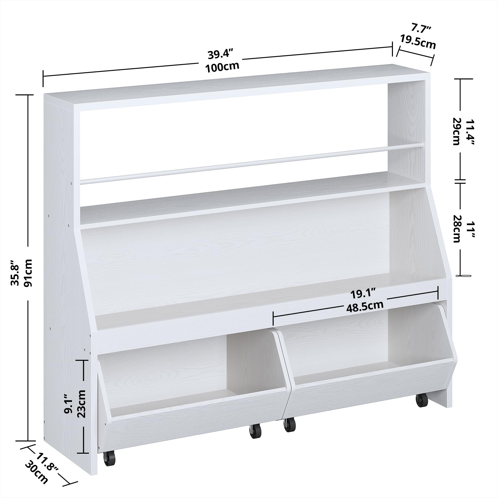 IRONCK Toy Storage Organizer, Kids Bookshelf with 2 Movable Cubby Drawers, Top Toy Shelf with Crossbar, Storage Cabinet for Nursery, Playroom, White
