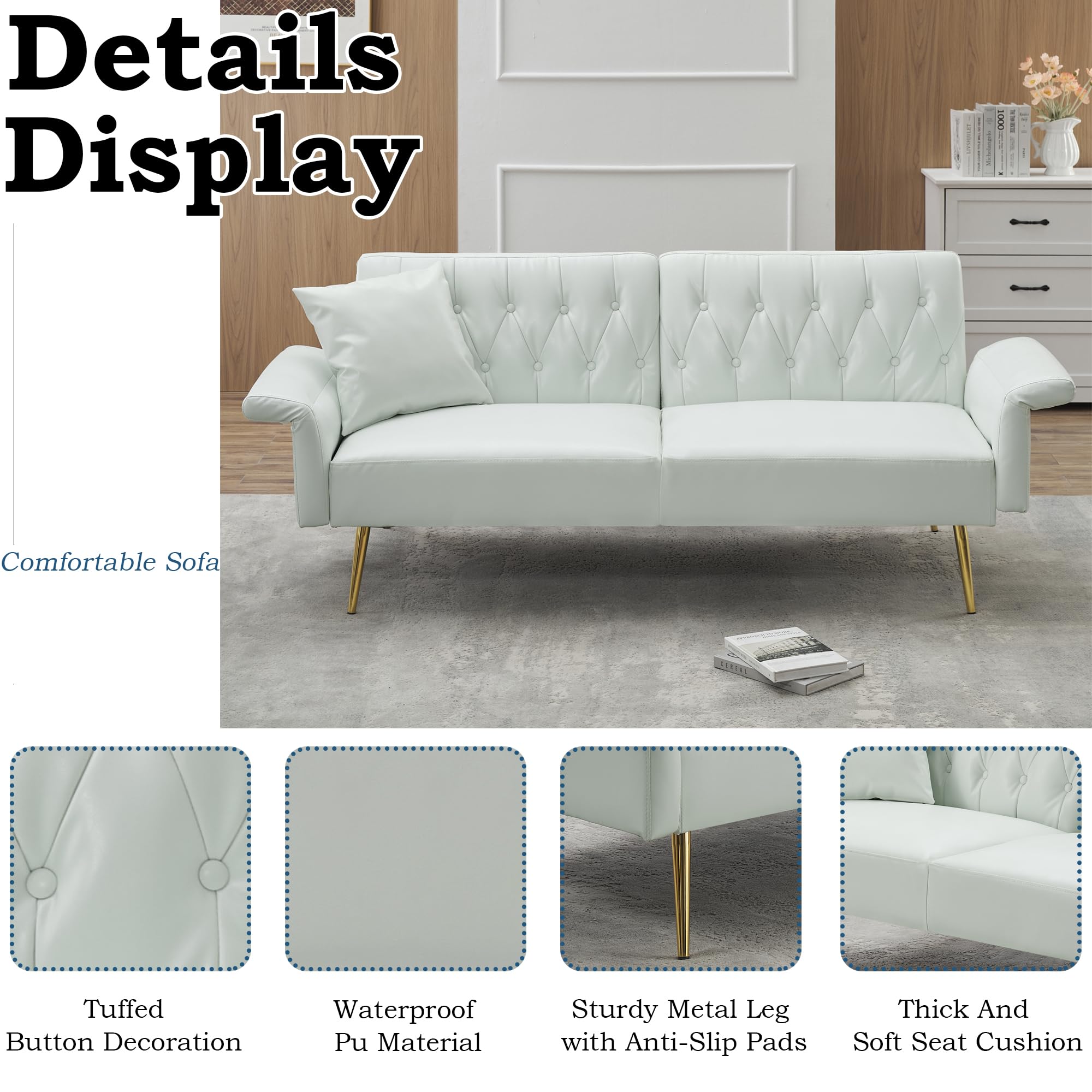 Jintop 67.71 Inch Waterproof Faux Leather Upholstered Sleeper Sofa-Bed and Adjustment Armres,Tuffed Button Couch Chaise w/Metal Legs & Pillows,for Dorm,Apartment,Studio,White, 67.71"