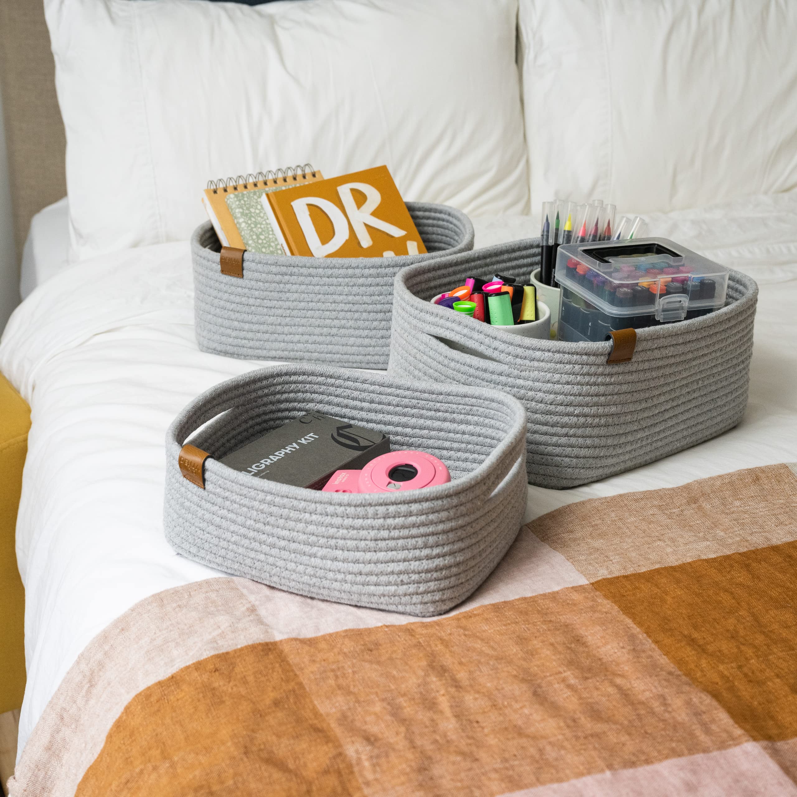DENJA & CO Decorative Storage Basket Organizer Set of 3 and Round Baskets with Lids Set of 2 (Light Gray)