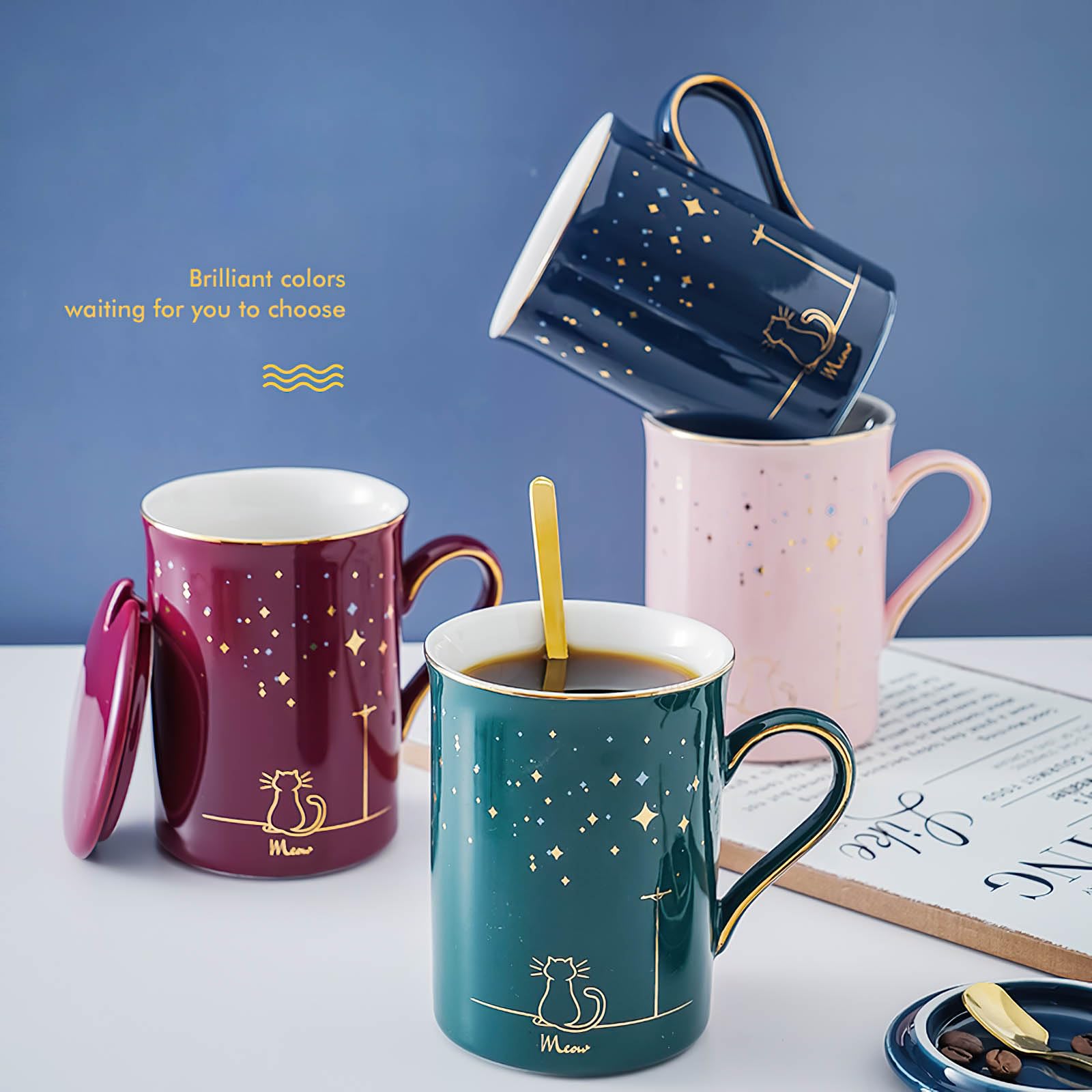 KUNVAMUL Starry Sky Cat Coffee Mug Gift Set 11 OZ,Ceramic Cups,Spoons,Lover coffee cups for Valentine's Day Wedding Anniversary,Cat Lovers(Blue)