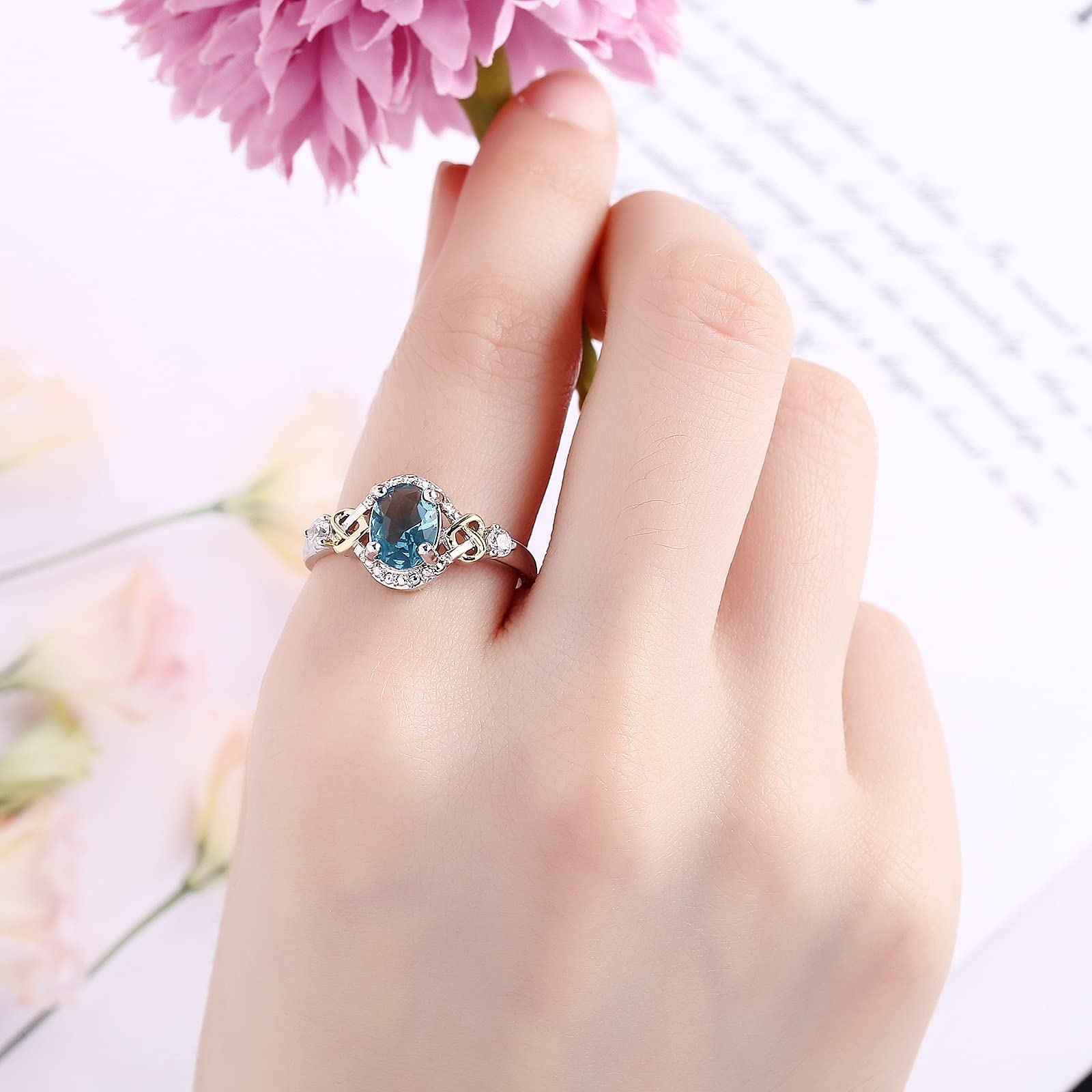 Daesar Womens Engagement Rings, 18K White Gold Plated Ring For Women Oval Blue Cubic Zirconia Wedding Ring Knot Heart Ring Size 7