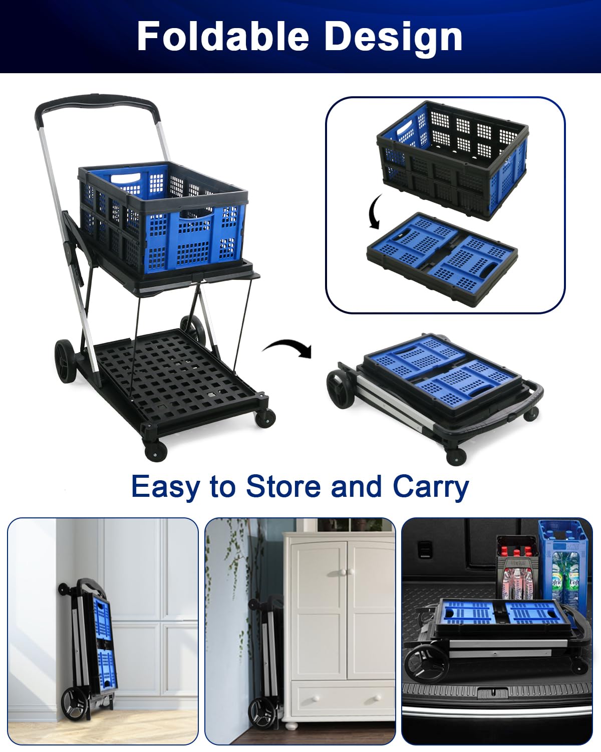 Fumingpal Multi Use Functional Collapsible Carts - 2 Tier Foldable Cart with Wheels | Shopping Cart with 1 Storage Crates | Foldable Trolley Great for Shopping, Catering, Warehouse, Picnicking