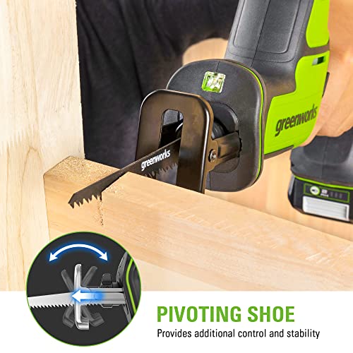 Greenworks 24V Brushless 1" Compact One-Handed Reciprocating Saw (3,000 SPM), Cordless Powered Variable Speed Recip Saw, 2.0Ah Battery and Compact Charger Included, RSG404