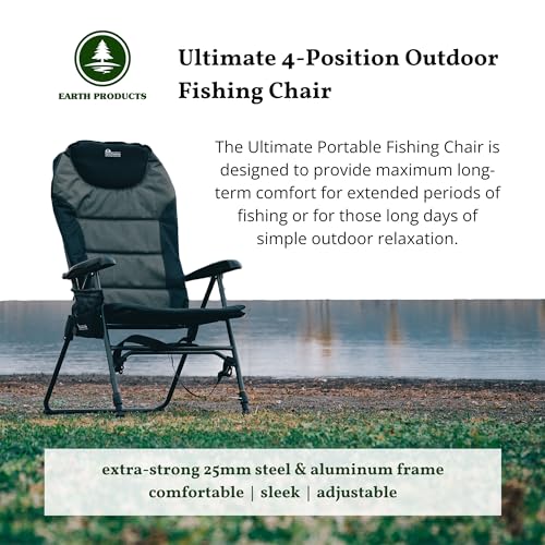 Earth Executive Folding Fishing Chair, Ultimate Comfort with Reclining Feature, Sleek Design, and Adjustable Extending Legs, Ideal for Fishing, Camping, Picnics, Sporting Events, and Tailgates