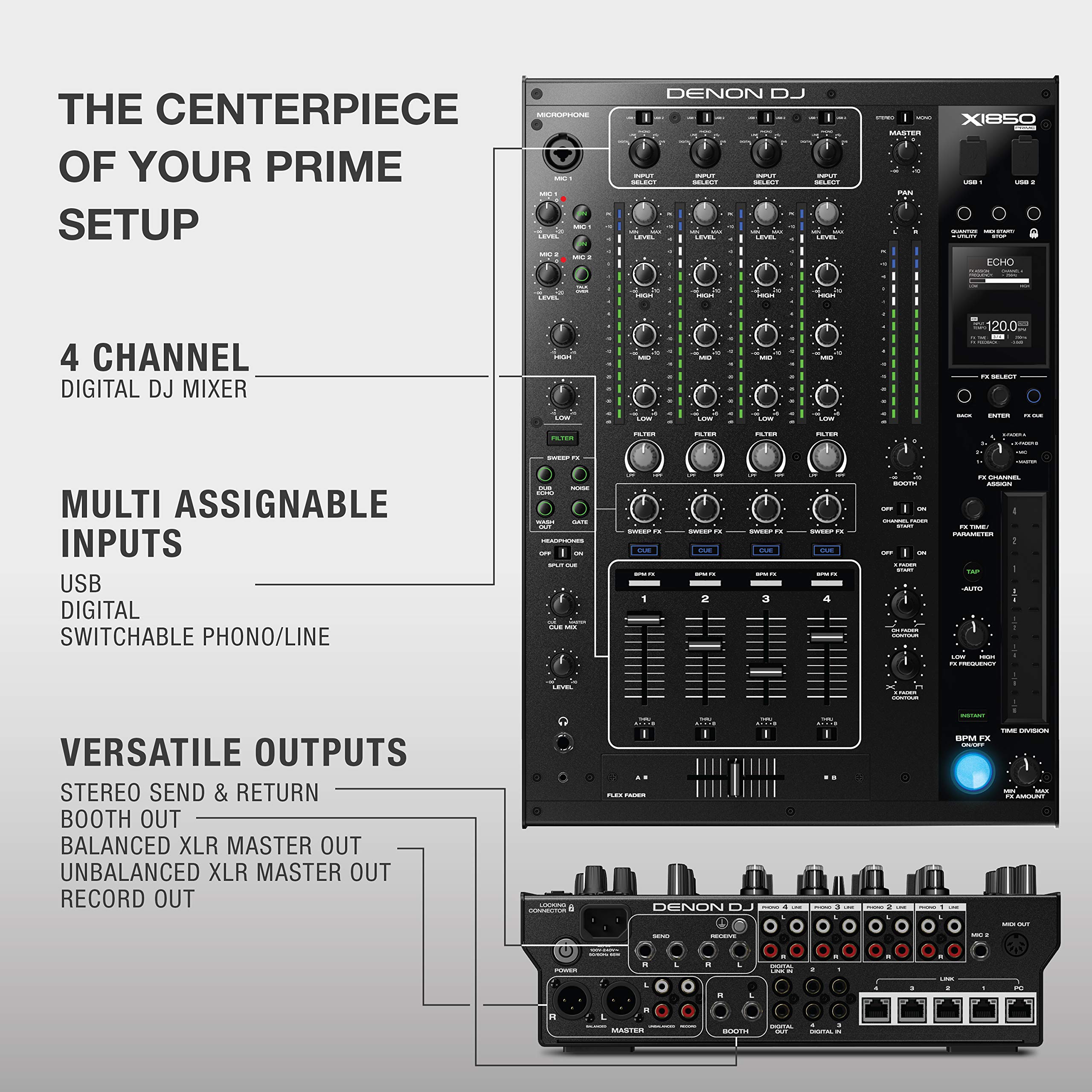 Denon DJ X1850 PRIME – Professional 4 Channel Digital DJ Mixer With USB, Digital and Switchable Phono/Line Inputs Plus Built-In DJ FX