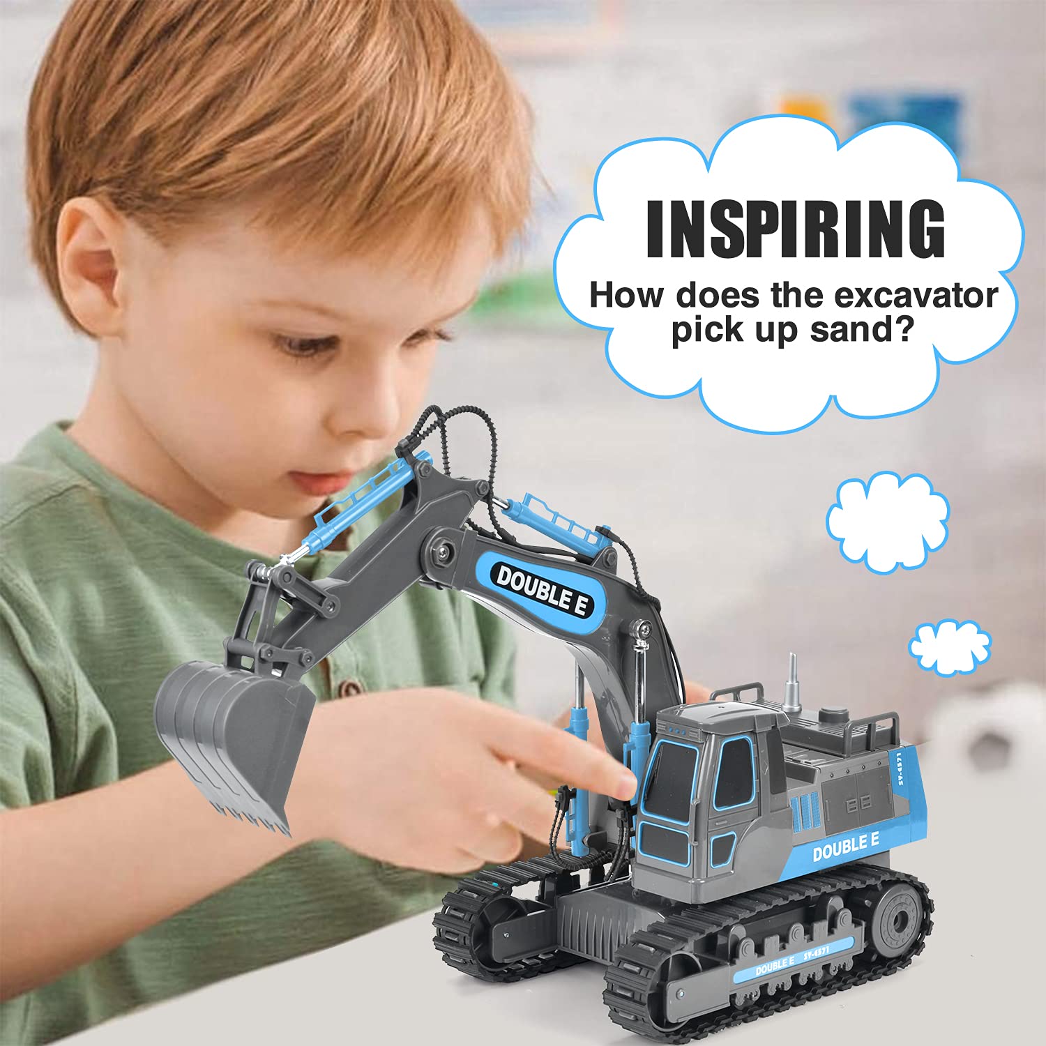 DOUBLE E Remote Control Excavator Toy RC Excavators Rechargeable Battery Digger Hydraulic Construction Toys Vehicles Xmas Gift for Boys Girls Kids 3-14 Years,Gray-Blue
