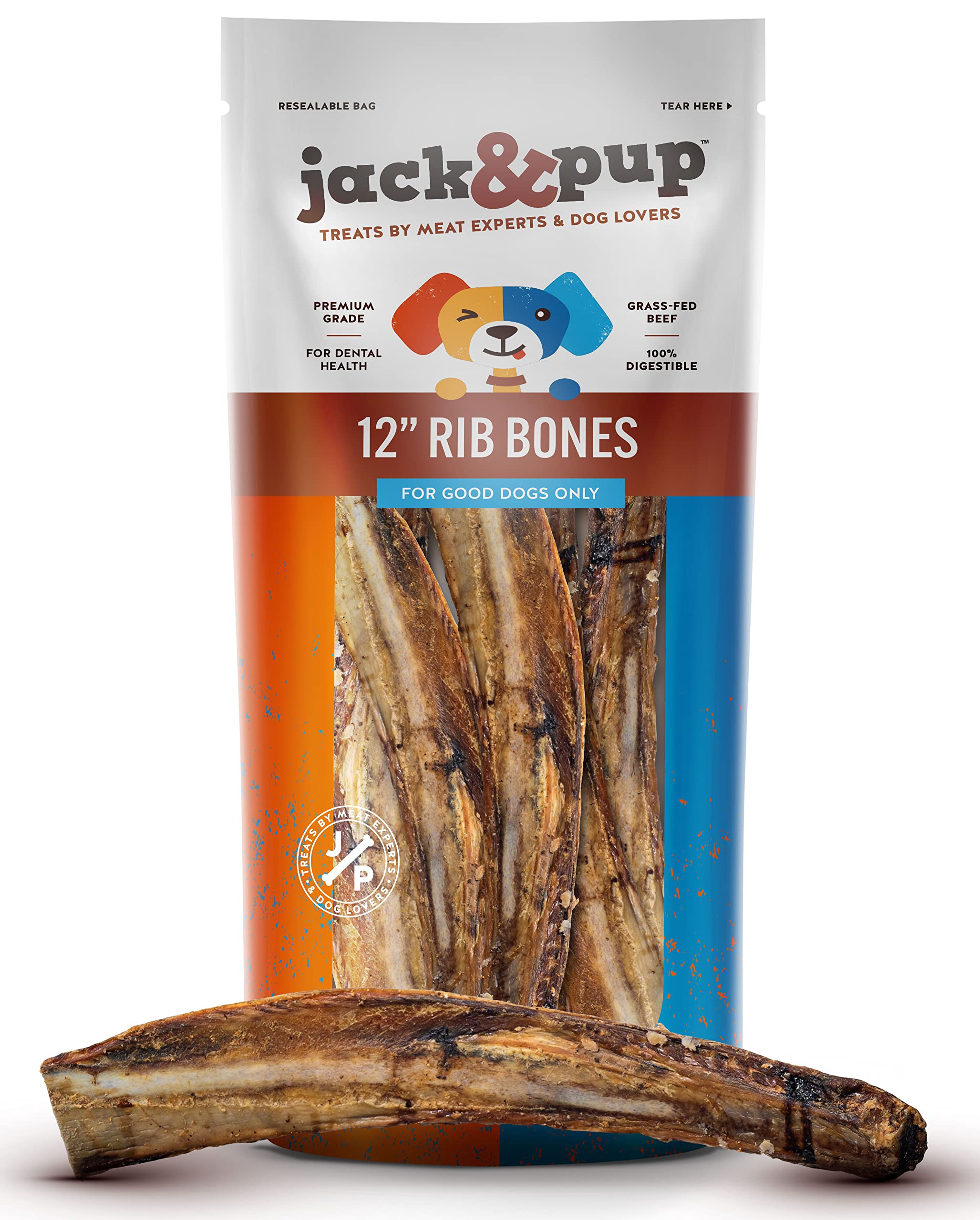 Jack&Pup Rib Bones for Dogs | All Natural Large Dog Bones| Single Ingredient Dog Chew Bones for Medium Dogs (12 inch (6 Pack))