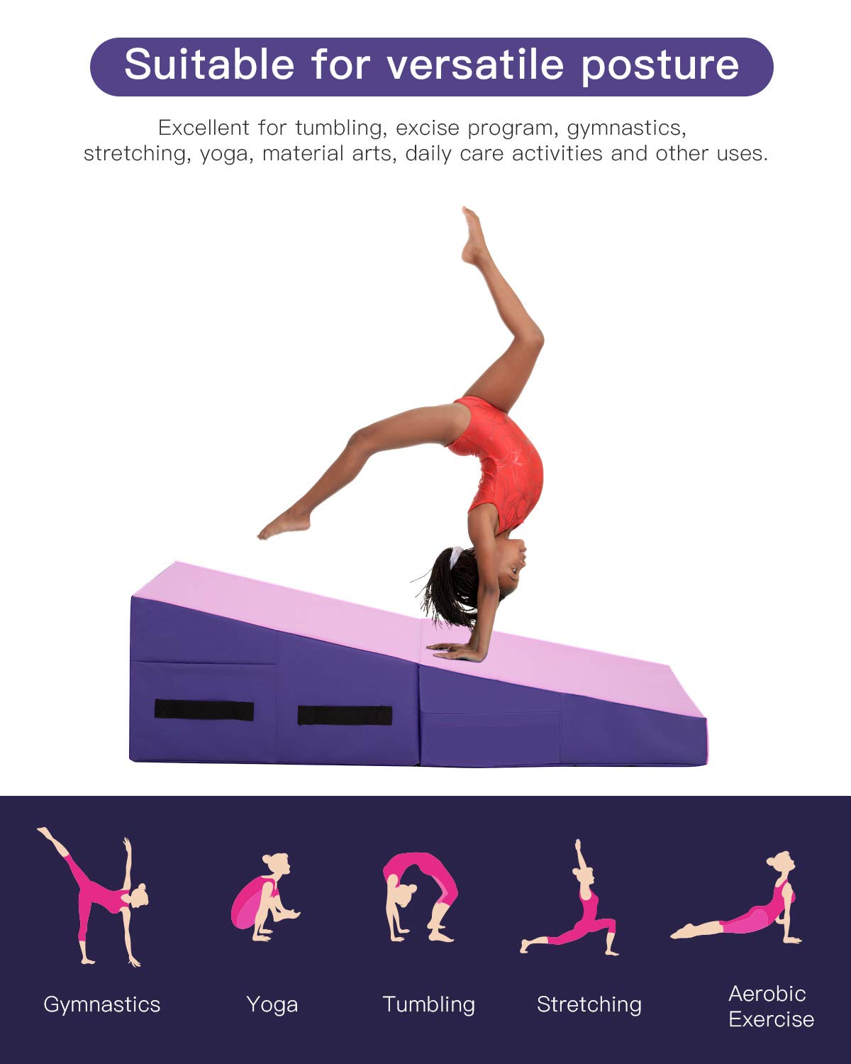 Gymnastics Mat 48x24 Inch Folding Incline Gymnastics Mat with Handle for Kids' Indoor/Outdoor Exercise, Tumbling, Skill Training, Gym Exercise, Cheese Mat, Gymnastics Wedge (Pink)