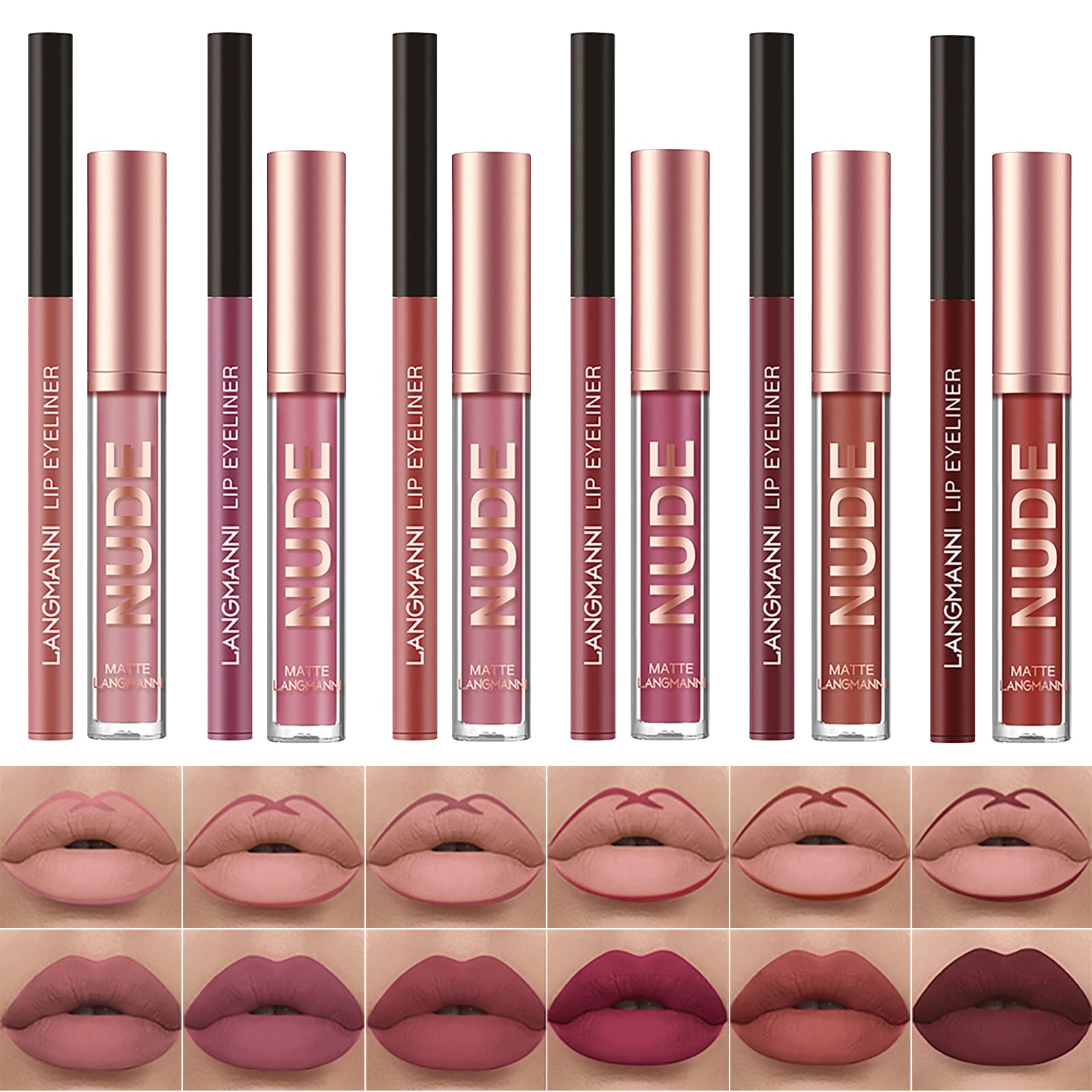 KIMIEYE 6Pcs Lip Liner + Matte Liquid Lipstick Set, Super Long Lasting Waterproof Non-Stick Cup Velvety Nude lipstick Kit, High Pigmented Lip Makeup Gift Set for Women (6PCS,Set A)