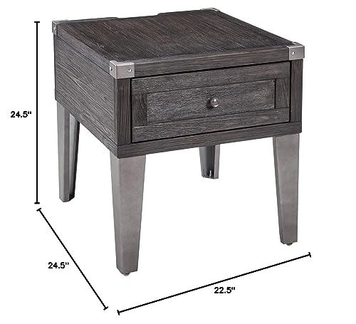 Signature Design by Ashley Todoe Industrial Square End Table with 1 Drawer, 2 Outlets and 2 USB Charging Ports, Dark Gray with Weathered Pine Finish