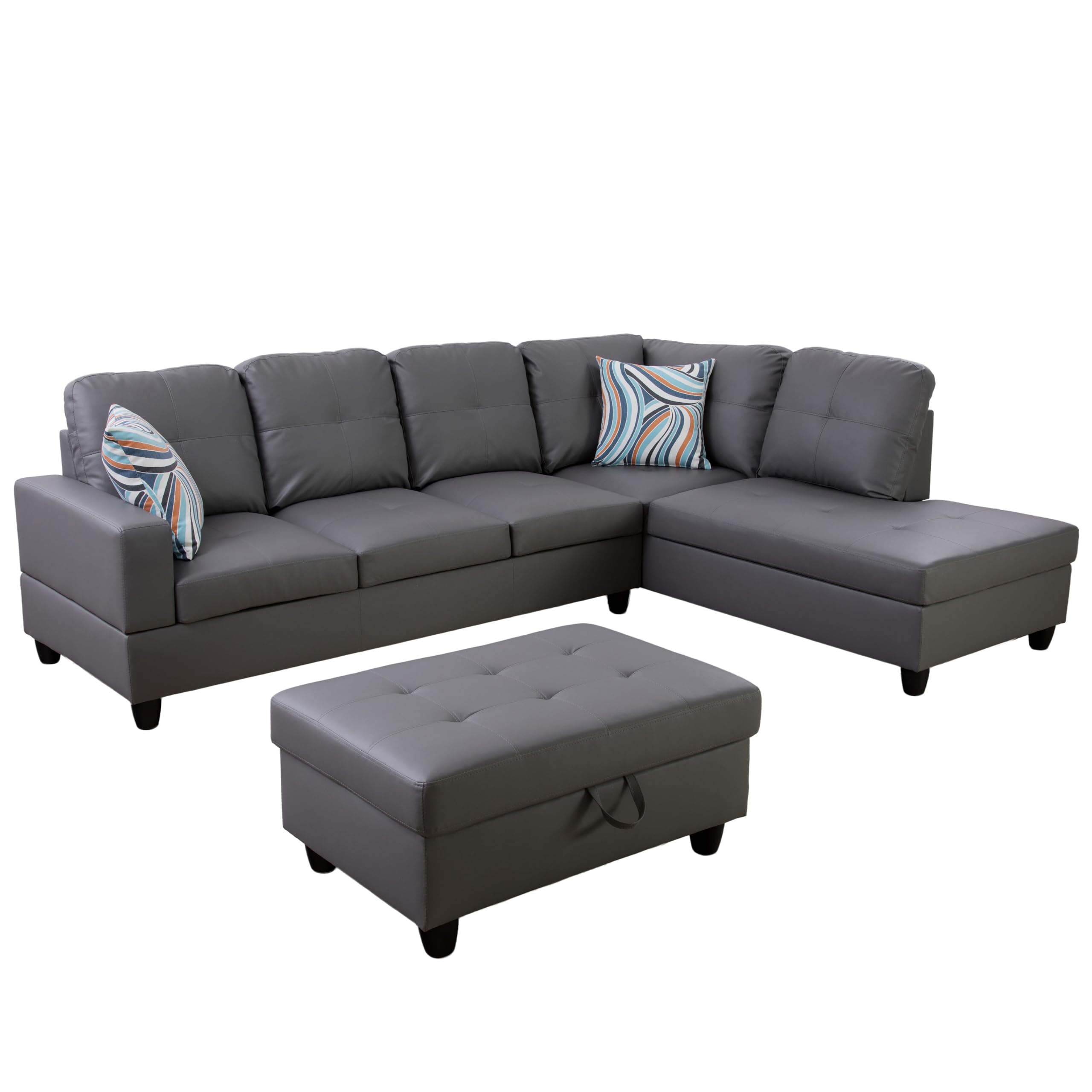 NicBex Sectional Couch 3 Pieces Modular Sofa with Ottoman Sectional Sofas with Right Chaise L-Shape Couches with PU Leather Fabric Sleeper Sofa Sectional Couches for Living Room, Dark Grey