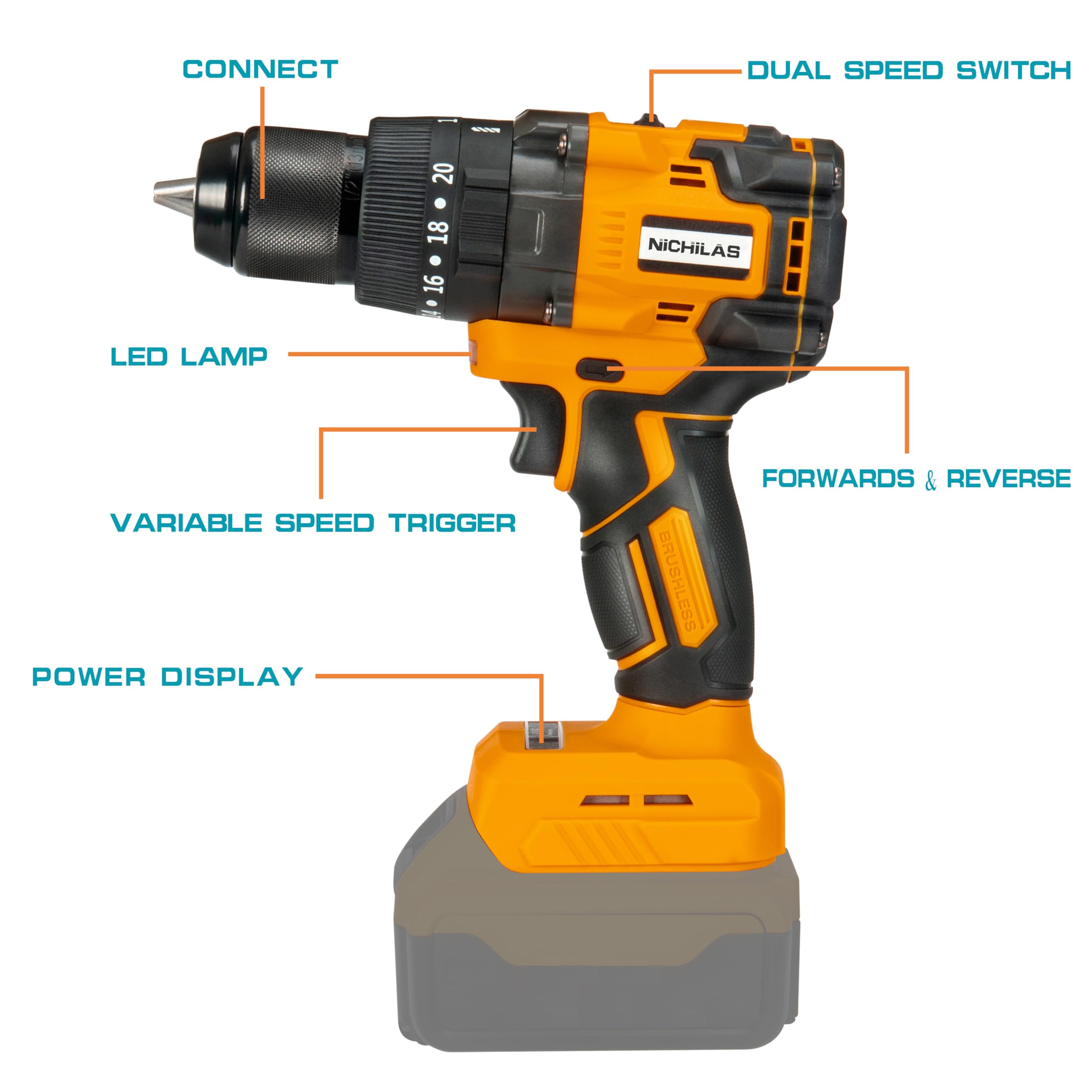 Nichilas Cordless Impact Drill for Milwaukee M18 Batteries, 1/2” Self Lock Chuck, Brushless 150NM, 2 Variable Speed with Storage Bag (NO BATTERY)