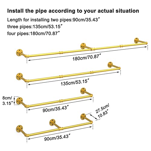 MOUTIK Industrial Pipe Clothes Hanging Rack: Wall Mounted Iron Clothing Storage Hanger Rod - Heavy Duty Multi-Purpose Metal Garment Bar for Closet Laundry Room Gold