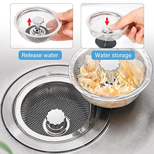 Kitchen Sink Strainer with Handle and Stopper Replacement Kitchen Sink Drain Basket/Stopper/Plug 3.3 Inch Stainless Steel Kitchen Sink Drain Strainer Mesh Sifter Filter(Silver)