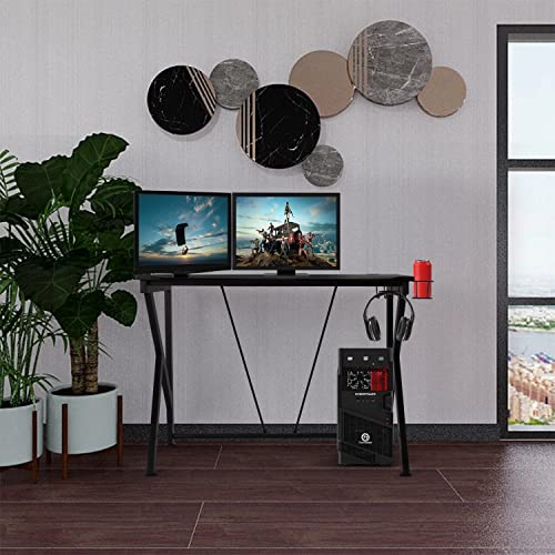 LYNSLIM Gaming Desk 39 Inch – Computer Deak for Home, K Shaped PC Gaming Table, Ergonomic Gamer Desk with Headphone Hook, Cup Holder and Cable Management (Black)