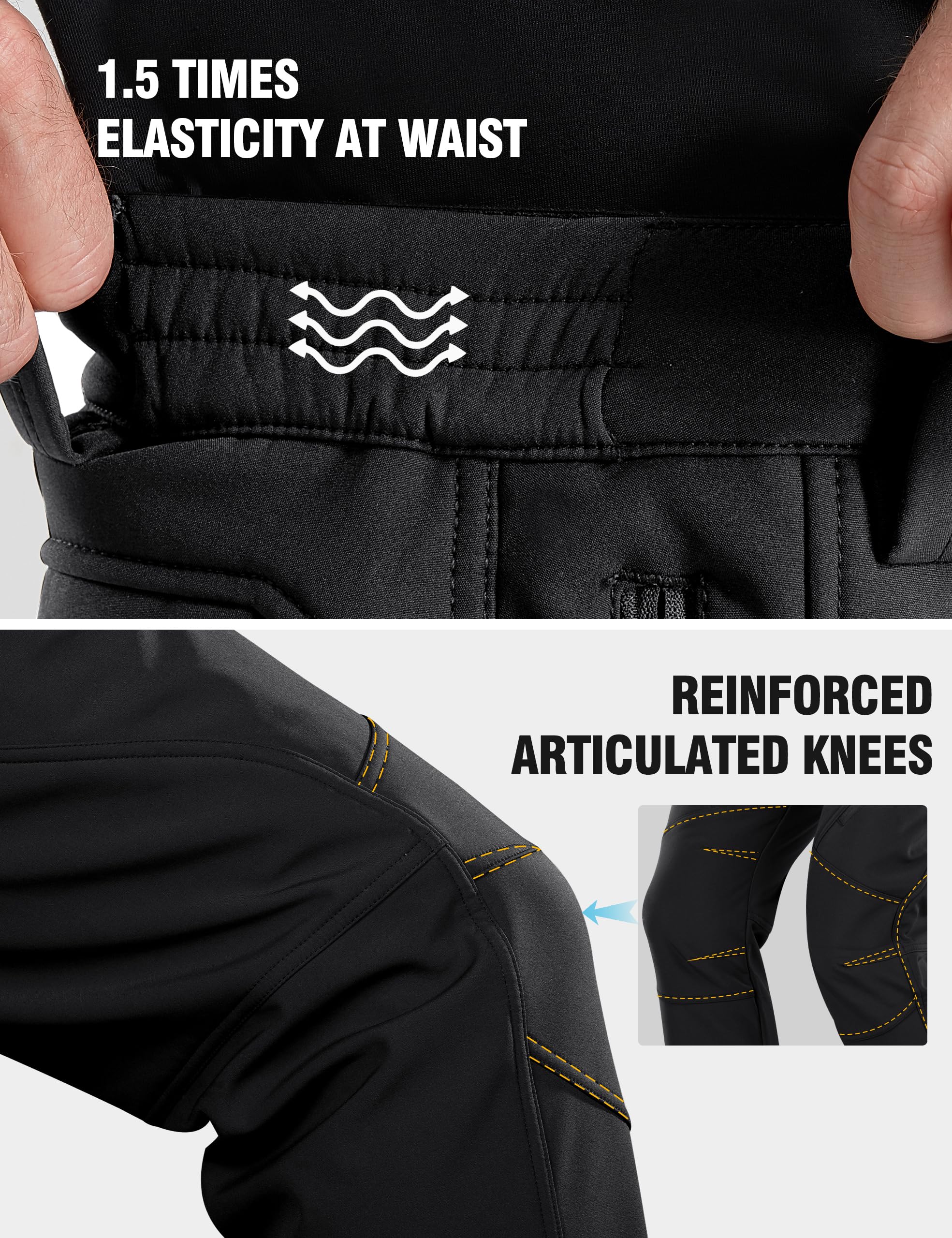 FREE SOLDIER Men's Fleece Lined Outdoor Cargo Hiking Pants Water Repellent Softshell Snow Ski Pants with Zipper Pockets (Black 34W x 30L)