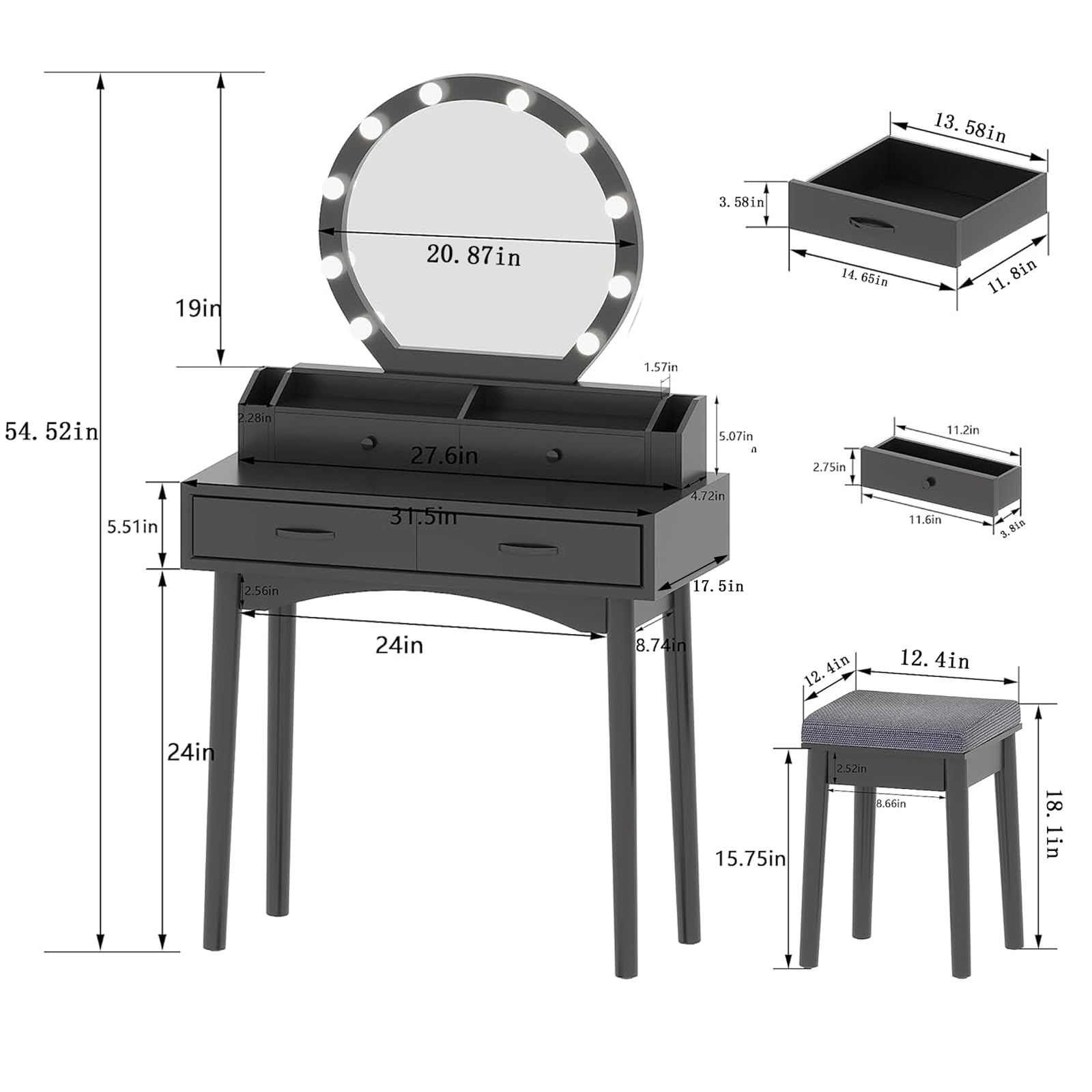 ISHARINGTIME Vanity Desk with Mirror and Lights, Small Vanity with Adjustable Brightness Mirror, Makeup Vanity Table Set with Power Outlet & Cushioned Stool, Dressing Table for Bedroom (Black)