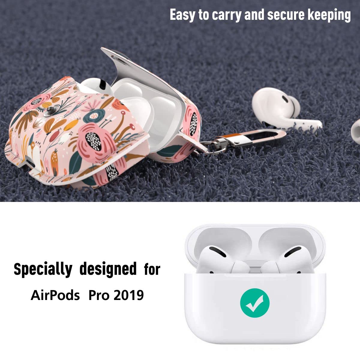 TATOFY Leather Case Cover for AirPods Pro, Stylish Leather Case for Women Girls, Flower Patterns with Secure Snap Closure Clip, Support Wireless Charging (Cyan)