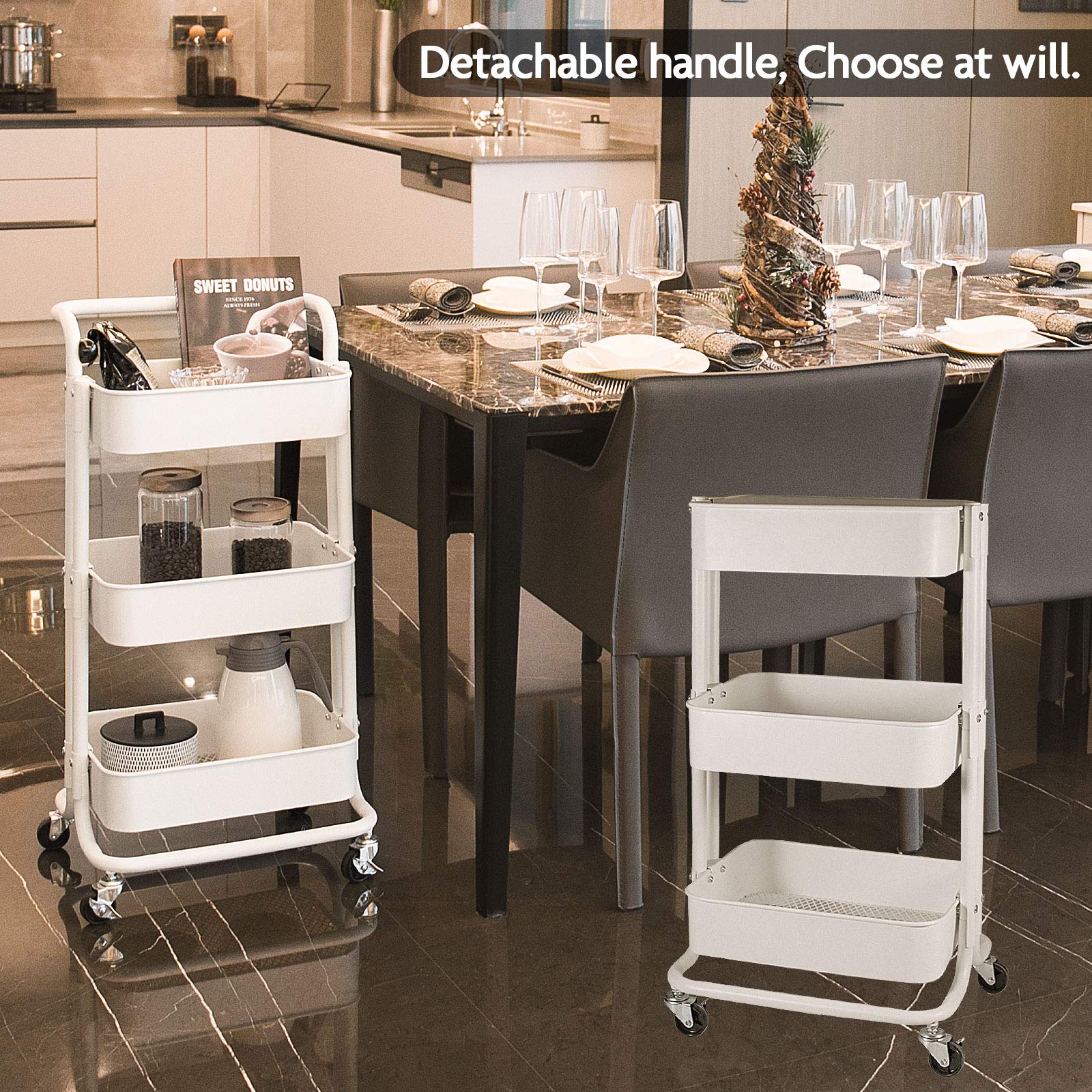 elabo 4-Tier Metal Mesh Utility Rolling Cart, Storage Organizer Trolley Services Cart with Lockable Wheels for Kitchen, Bathroom, Living Room (White)