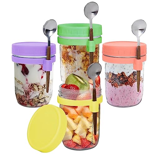 KETWOD Overnight oats containers jars with lids and spoons.The 16oz mason jars for overnight oats can store oats, fruits, vegetables, chia seeds, etc. four colors overnight oats jars.