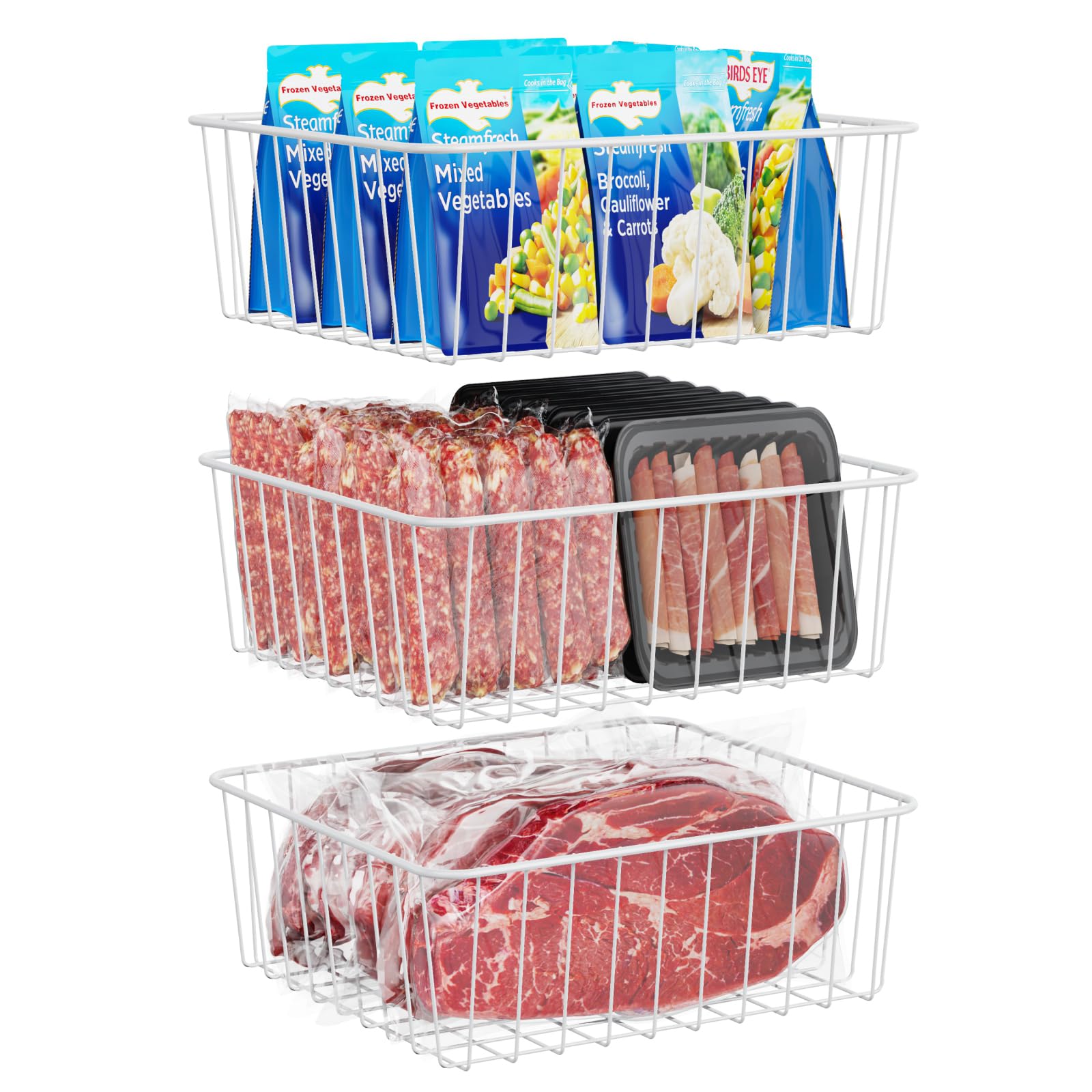iSPECLE Upright Freezer Organizer Bins - 3 Pack Small Freezer Bins for 5 / 6 / 6.5 / 6.8 / 7 cu.ft Upright Freezer Easy Get, No Food Falling off, Upright Freezer Baskets Allow Air Circulation, White