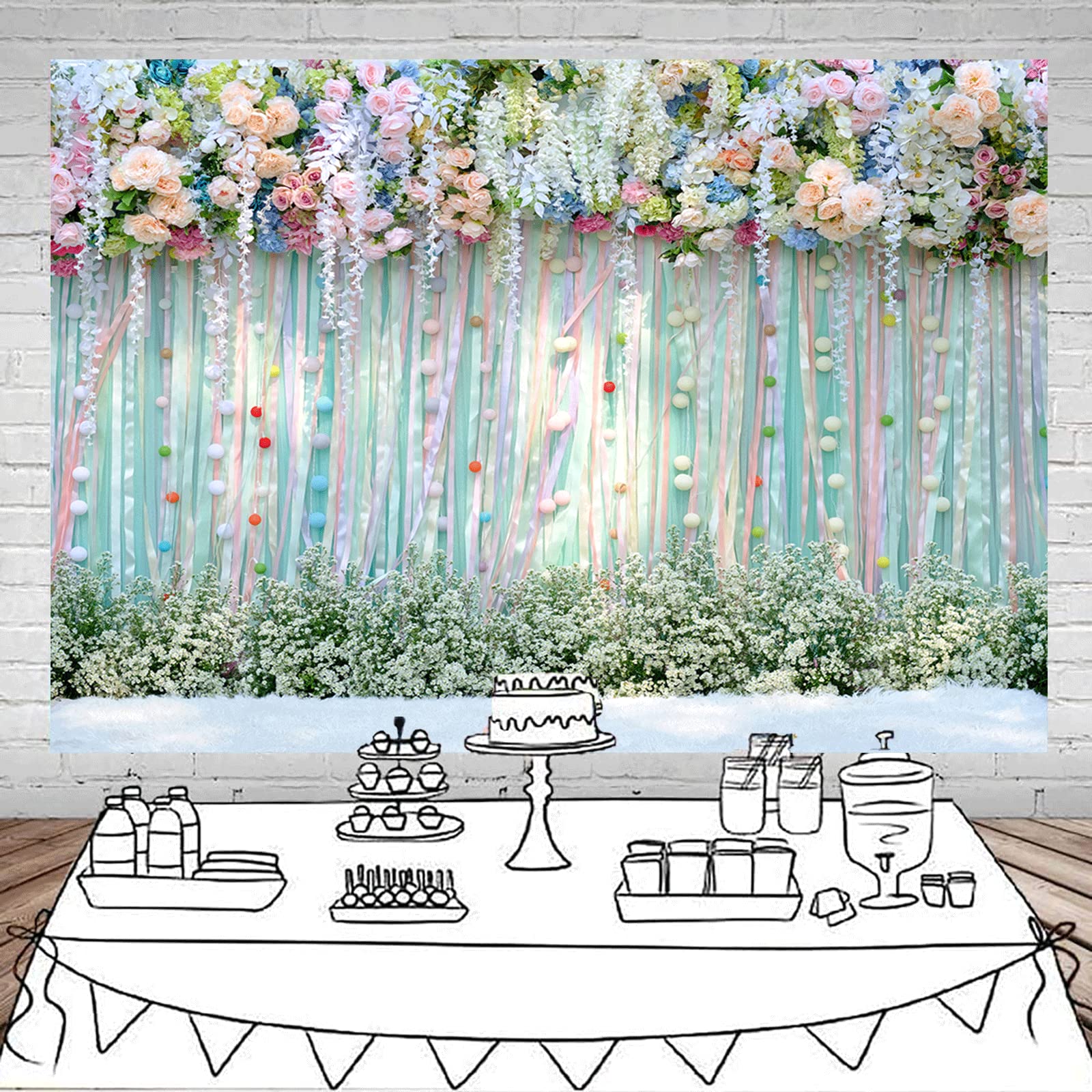 Mestiker 7x5ft Wedding Backdrop Proposal Flowers Ribbon Wedding Flowers Ceremony Banner Bridal Shower Cradle Ceremony Photography Background Cake Table Decoration Photo Studio Booth Props Vinyl