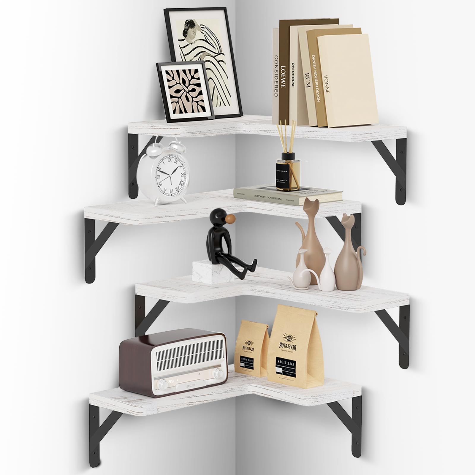 Muzilife Corner Floating Shelves Wooden Floating Shelve Set of 4, Wall Mounted for Storage, L-Shaped Shelves for Wall Decor Wall Organizer for Bedroom, Bathroom, Kitchen, Living Room and Office, White
