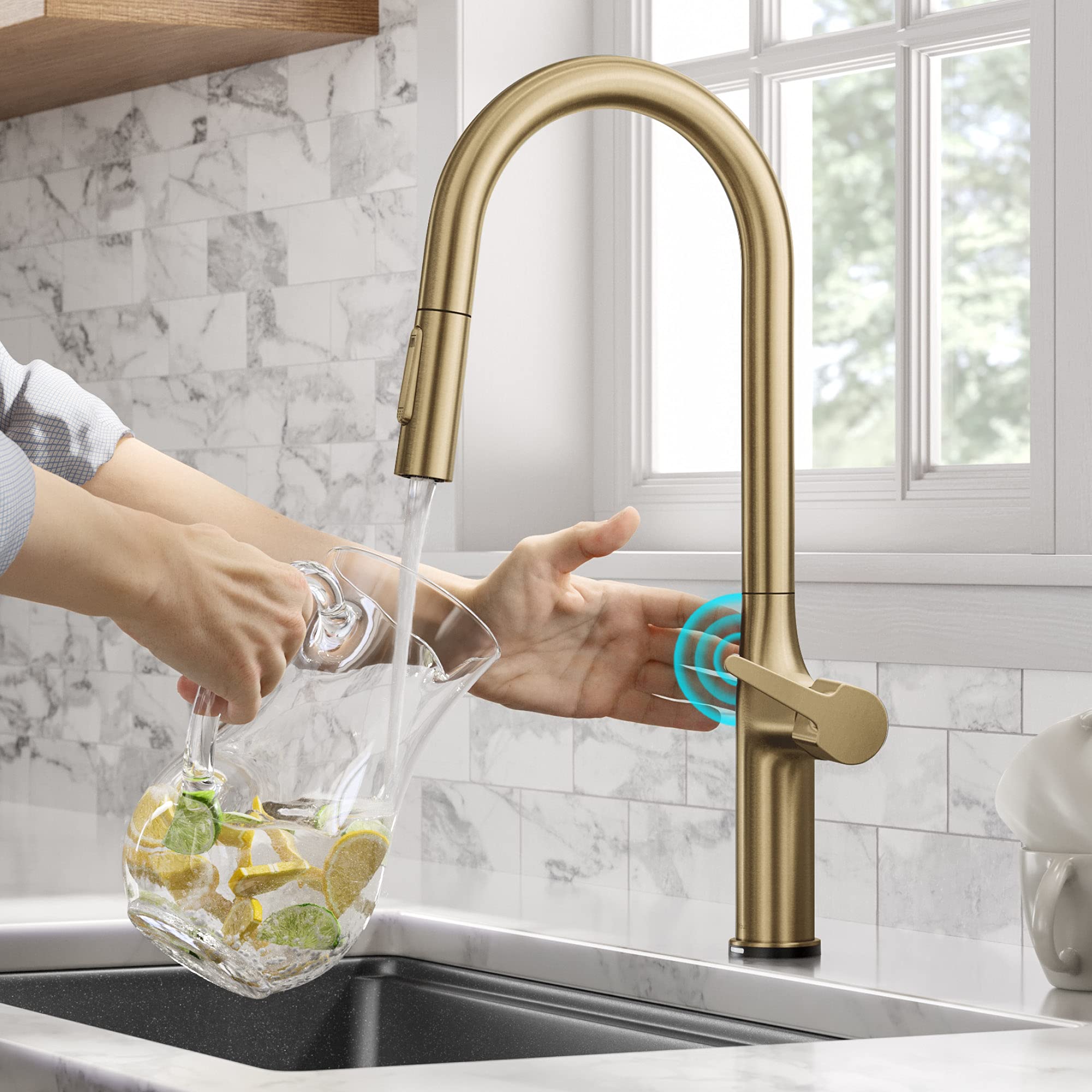 Kraus KTF-3101BG Oletto Contemporary Single-Handle Touch Kitchen Sink Faucet with Pull Down Sprayer, 19 7/8 Inch, Brushed Gold