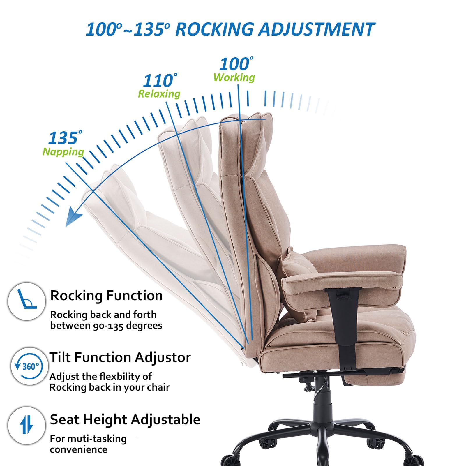 Efomao Desk Office Chair,Big High Chair,Fabric Computer Chair,Oversized Chair,Executive Office Chair,Adjustable Armrest Office Chair with Foot Rest, Beige Office Chair