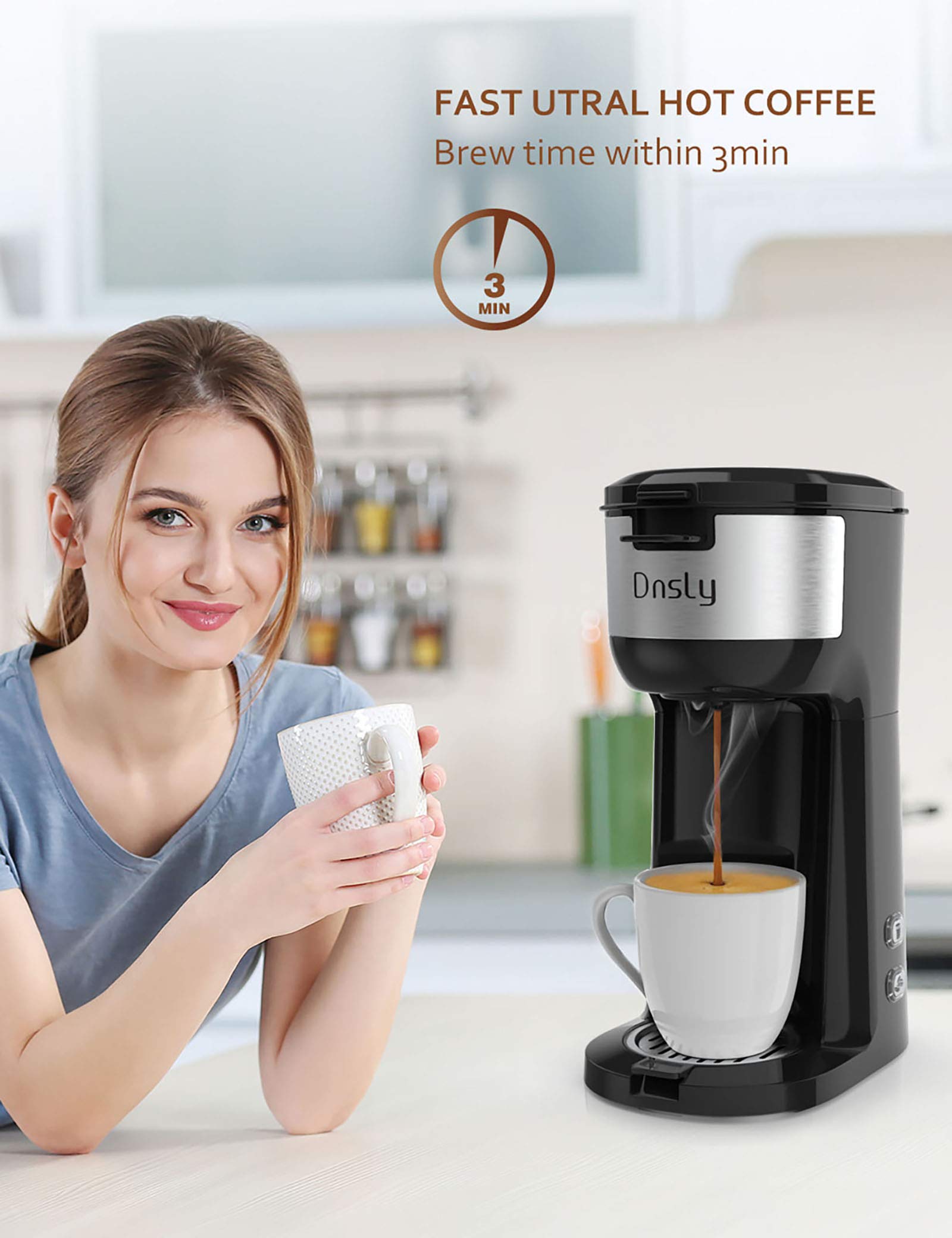 Dnsly Single Serve Coffee Maker attached Travel Mug, 2 in 1 Capsule Pod & Ground Coffee, With BPA Free, Strength Controlled from 6oz to 14oz and Self Cleaning Function