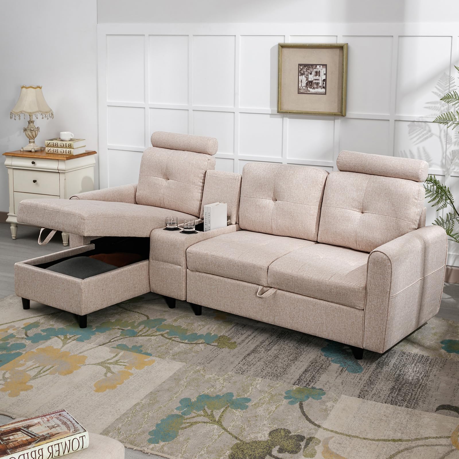 MUZZ 89" Sectional Sofa with Storage Chaise with Cup Holders, Modular L Shaped Sectional Sofa with Neck Pillows, Convertible Sectional Couch for Living Room/Apartment,Light Grey