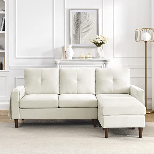 MOEO 3 Seat Sofa with Removable Ottoman and Cushions, L-Shape Chenille Convertible Couch w/Pocket & Rubber Wood Legs, Perfect for Living Room, Aapartment, Small Space, 80", Beige