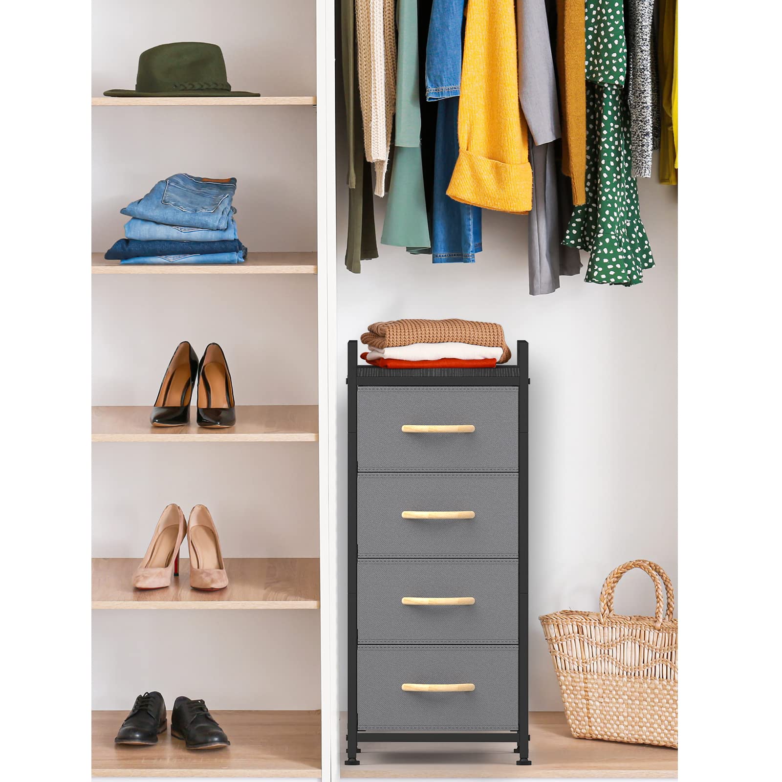 DOMYDEVM Small Storage Dresser for Bedroom 4 Drawer Chest Storage Tower Organizer Unit, White Nightstand with Rolling Casters for Closet, Entryway, Hallway, Nursery Room