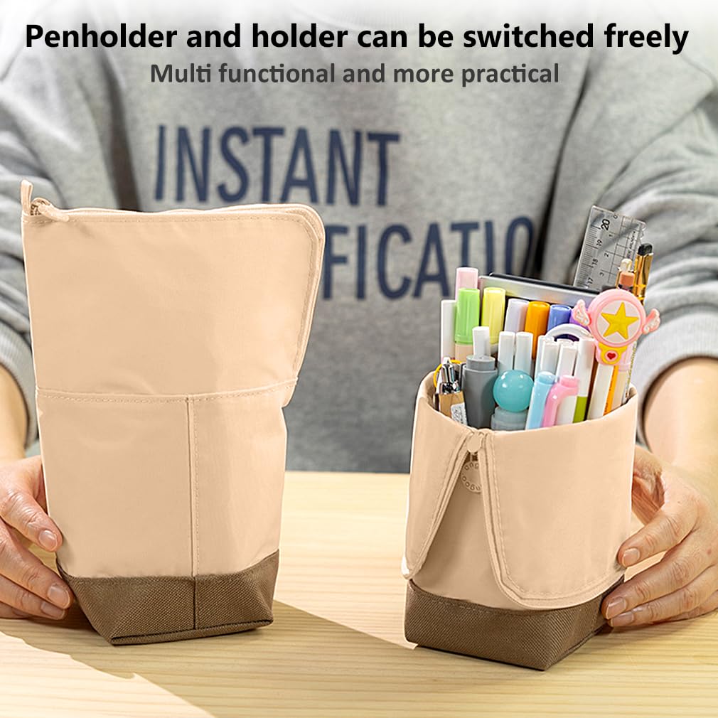 iSuperb Standing Pencil Case Large Pencil Pouch Pen Holder Makeup Cosmetics Bag for Women Office (Beige)