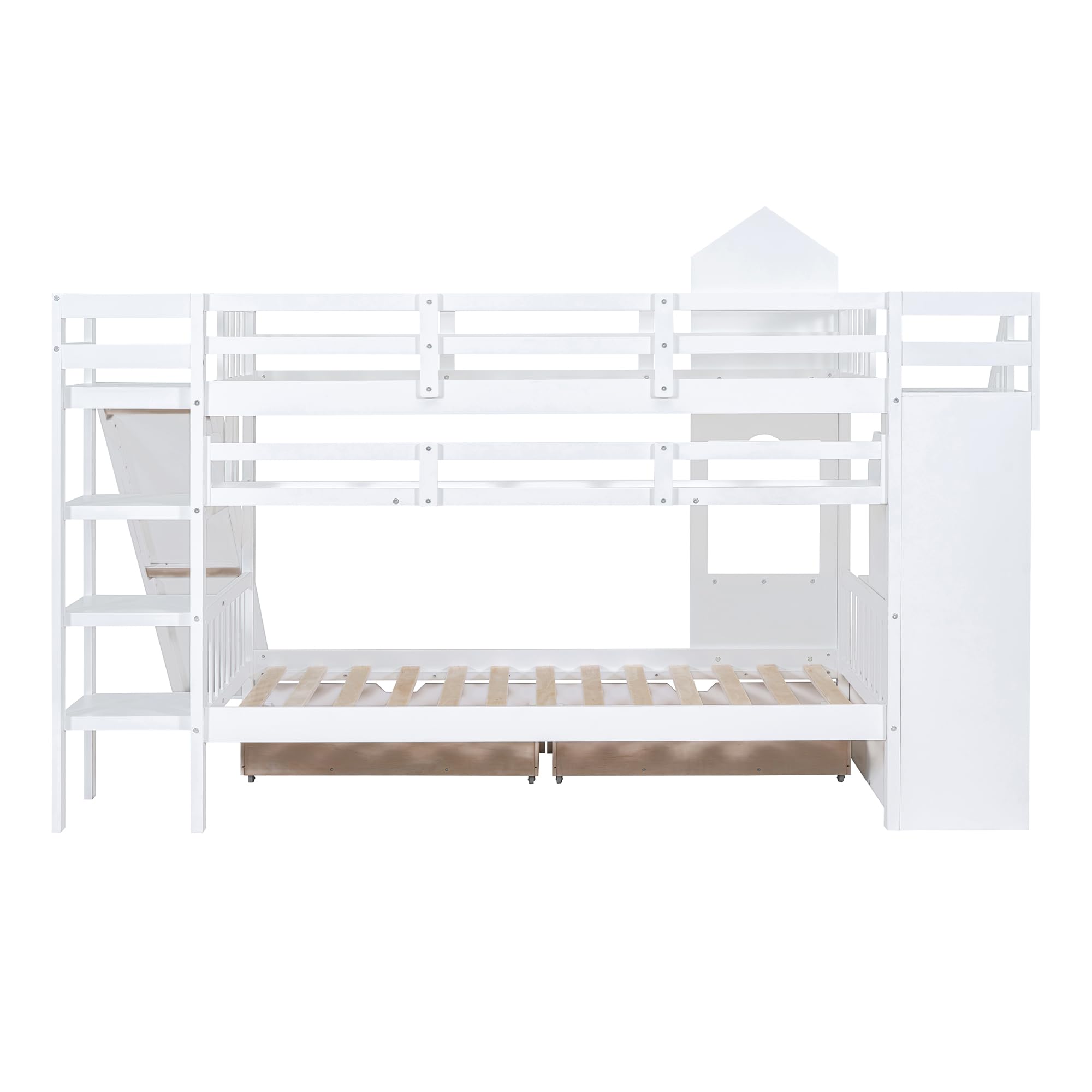 MERITLINE Twin Over Twin Bunk Bed for Kids, Castle Bunk Beds with 2 Drawers 3 Shelves and Slide, Solid Wood Twin Bunk Bed for Kids Girls Boys Teens (White)