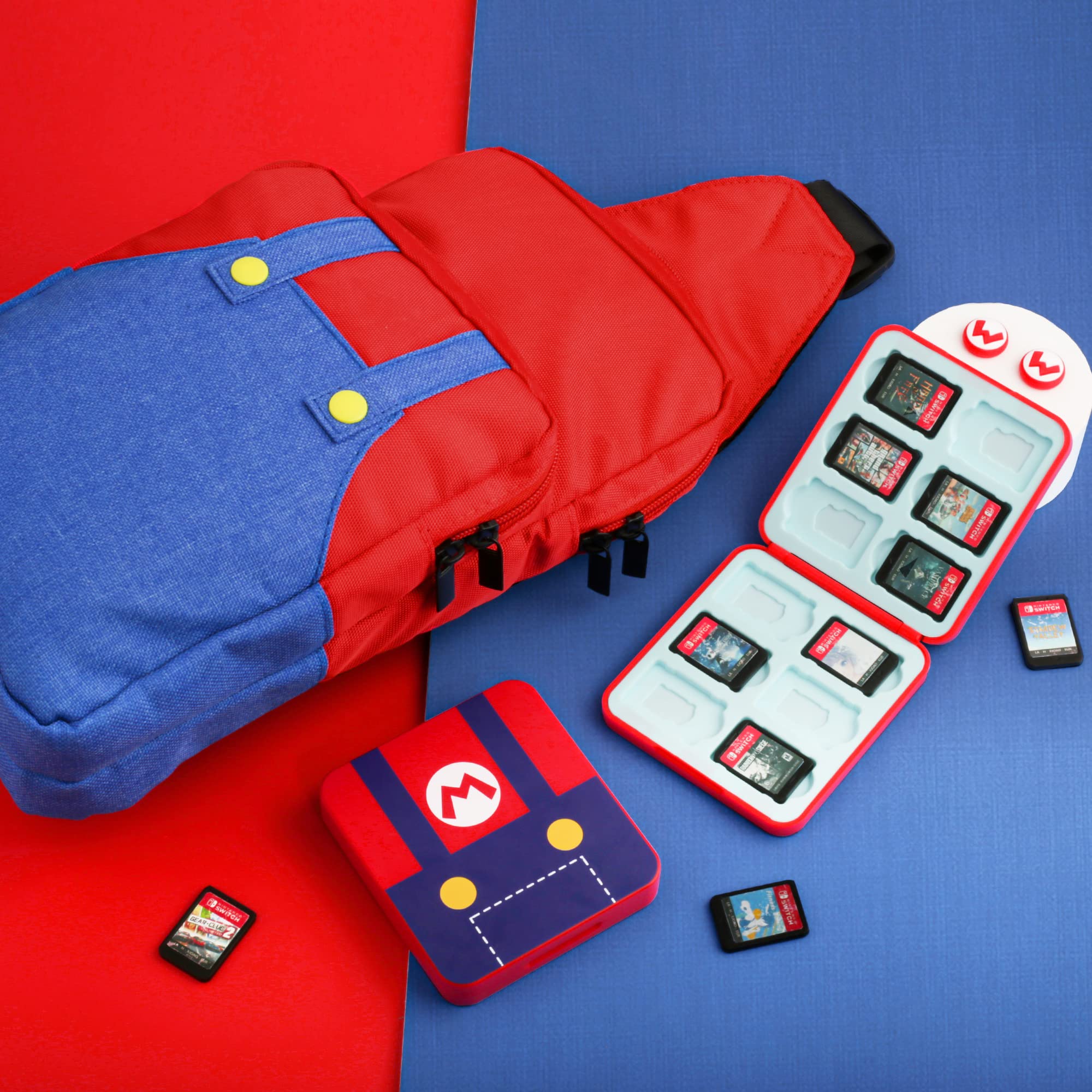 FUNDIARY Travel Bag for Nintendo Switch, OLED & Lite Carrying Case, Portable Shoulder Bag Set for Switch, Crossbody Backpack Accessories Bundle with Game Case and 2 Thumb Caps - for Super Mario