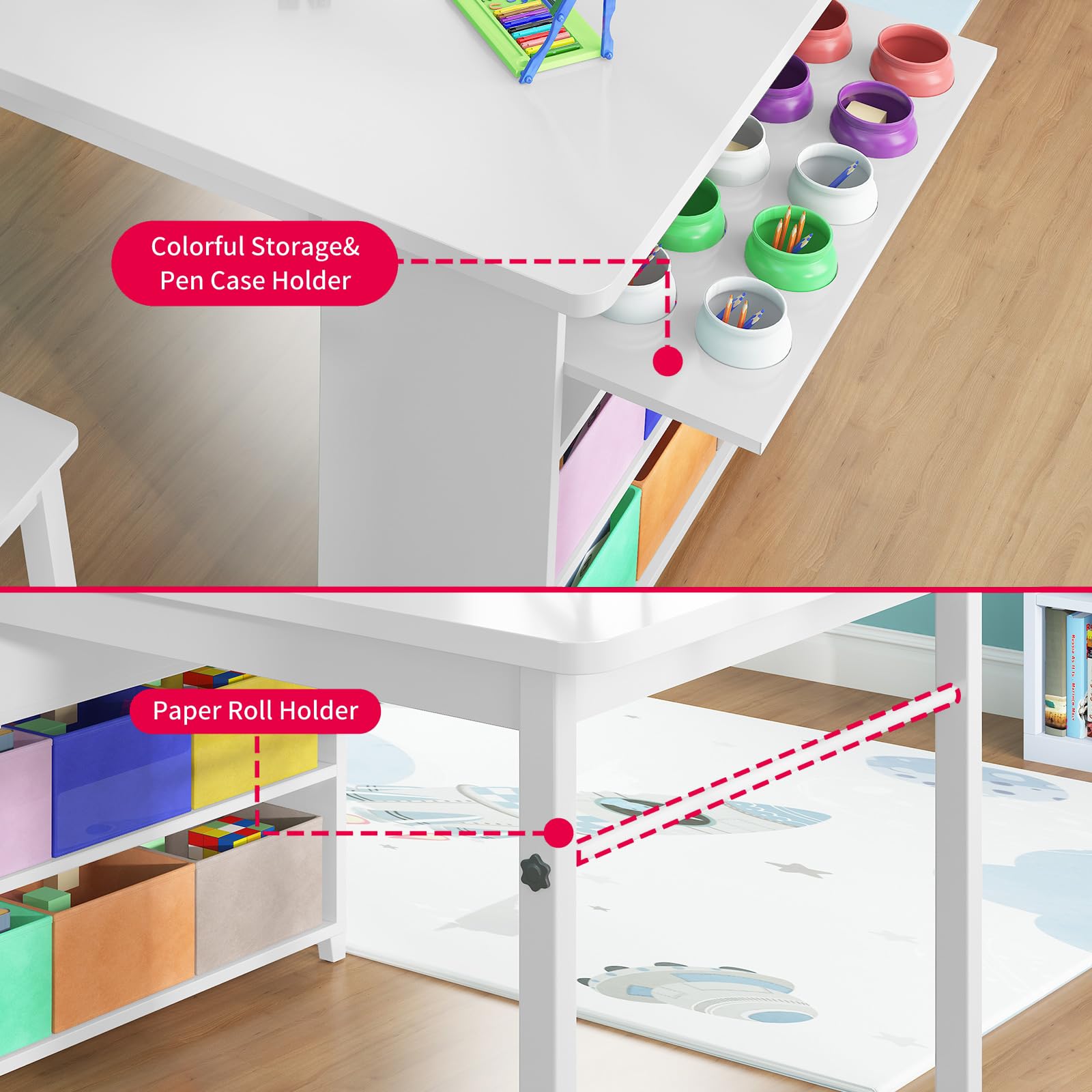 MUZZ Kids Activity Table and Chairs Set, Kids Table with Colorful Storage Bins and Paper Roller, Wooden Art Table for Kids Drawing,Playing(Grey)