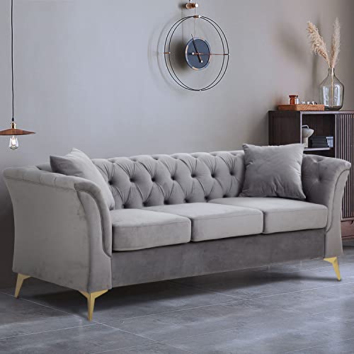 kevinplus 84'' Chesterfield Sofa Couch for Living Room, Modern Velvet 3-Seat Upholstered Sofa Couch for Apartment Bedroom Dorm Office, Strong Gold Metal Legs, 2 Pillows, Grey