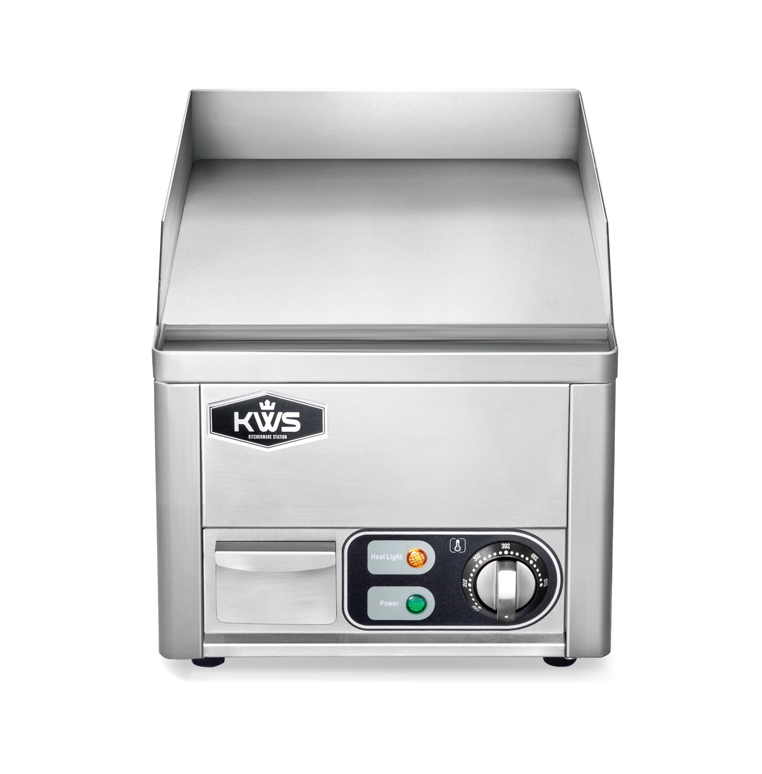 KWS CG-12 120V 1750W Commercial Electric Griddle with 1/2" Chrome-Plated Steel Cooking Surface, 12 x 14 in Cooking Area, Precise Temperature Control 122-572°F Temp Range